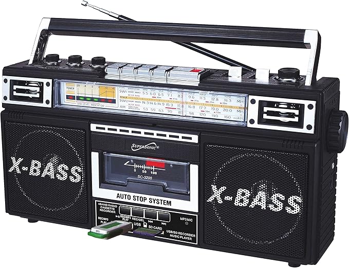 Supersonic SC3200 Retro 4 Band Radio Cassette USB Black: Amazon.com.mx ...