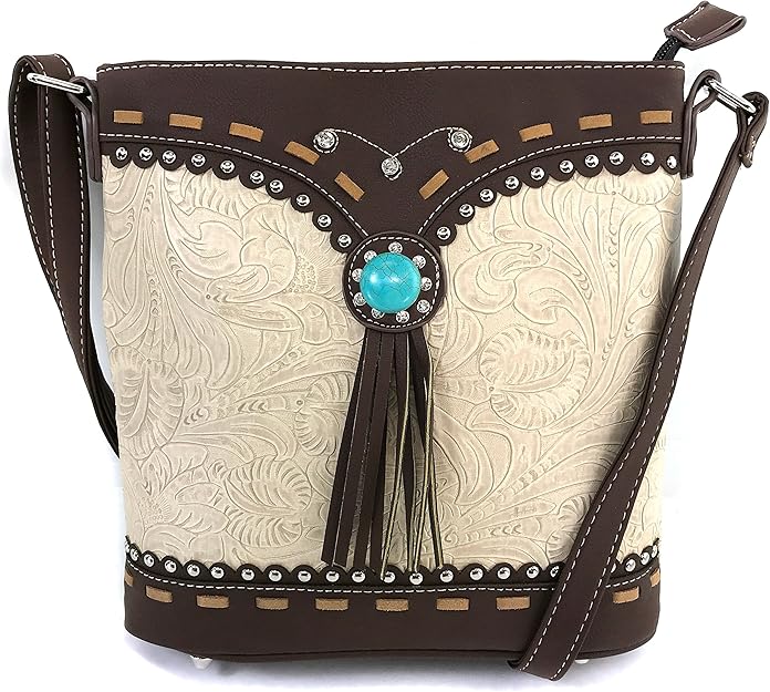 Justin West Tooled Western Leather Turquoise Stone Fringe Studded ...