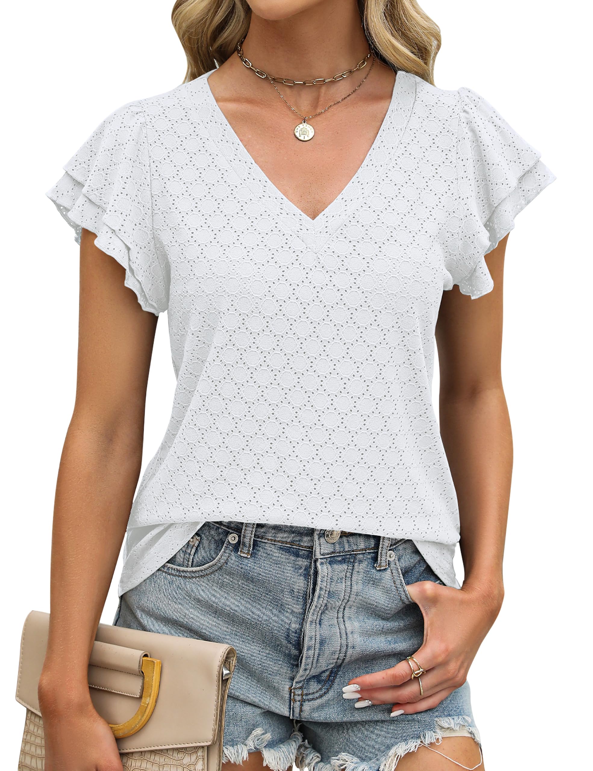 BMJL Womens Tops Dressy Casual Knit Eyelet V Neck T Shirts Ruffle Short Sleeve Blouses for Women ...