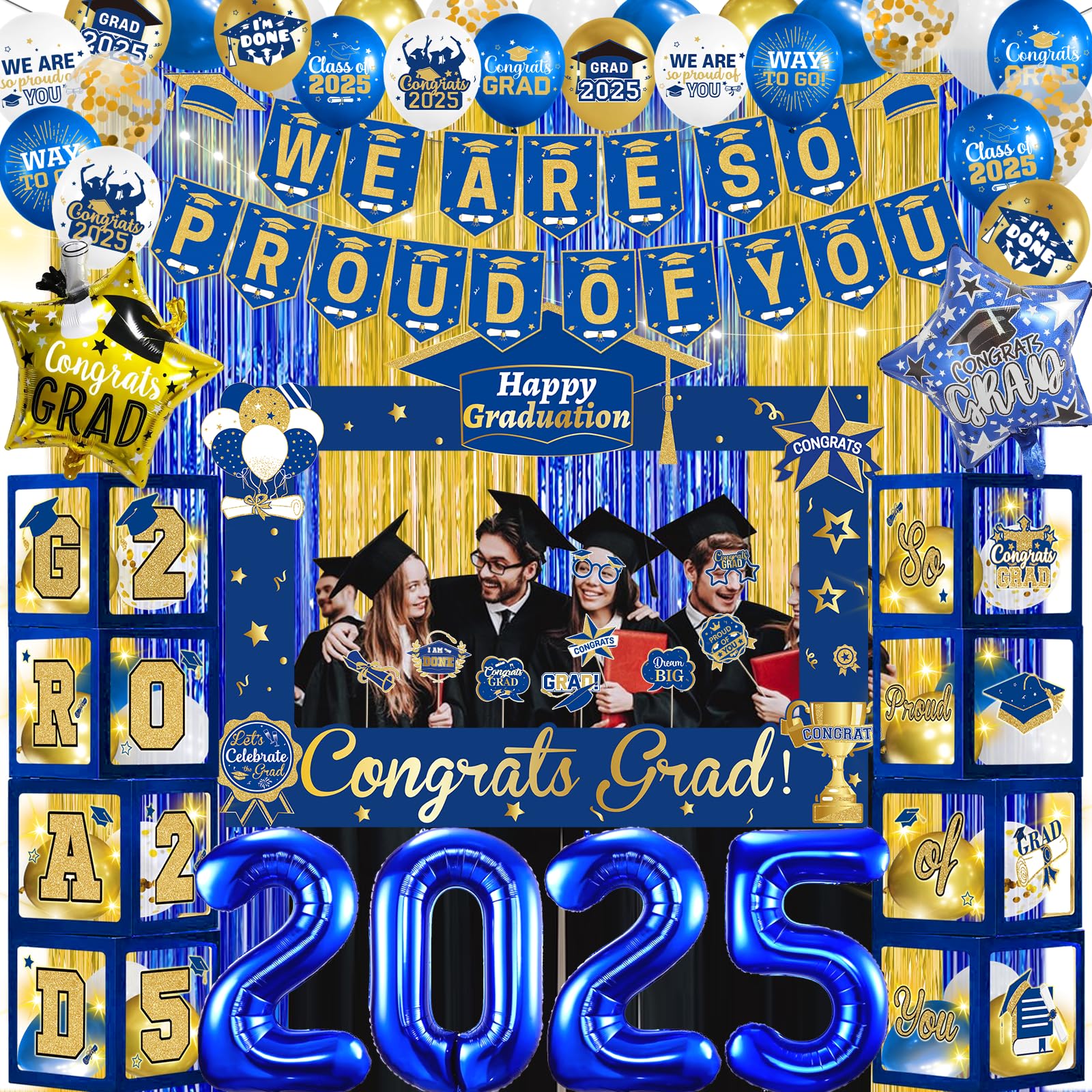 Blue and Gold Graduation Decorations 2025 With Light Balloon Boxes With ...
