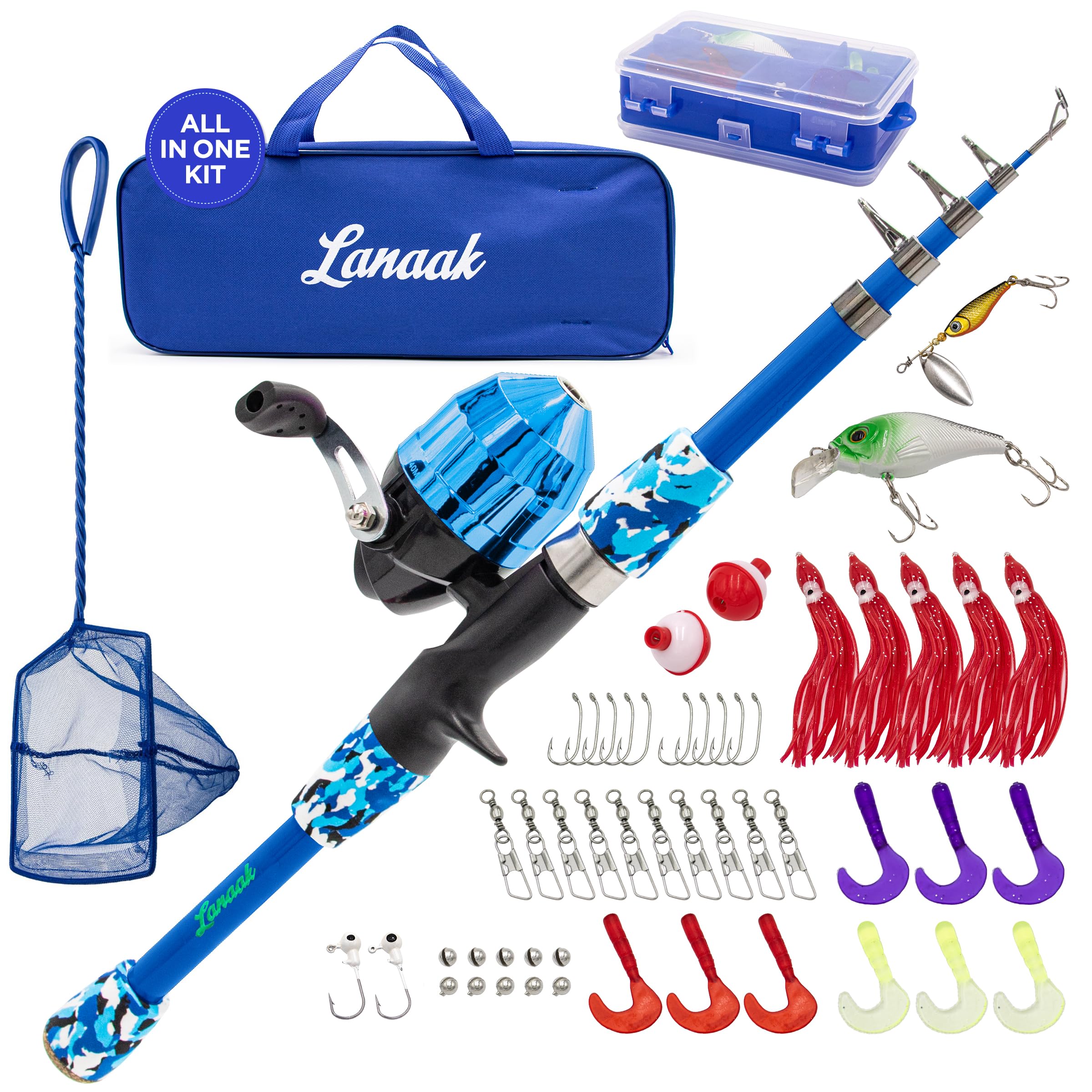 Lanaak Kids Fishing Pole and Tackle Box - with Net, Travel Bag, Reel ...