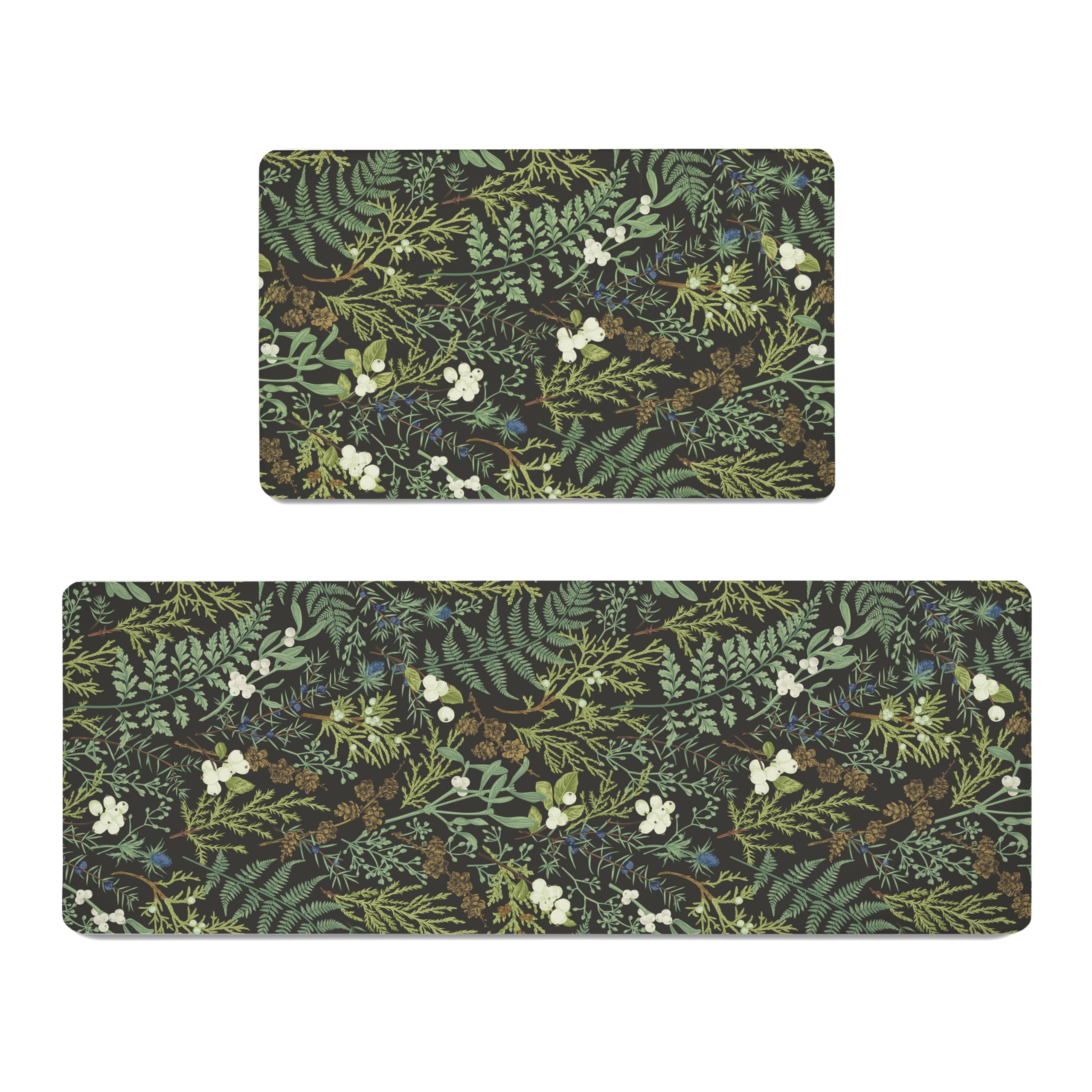 Black Green Botanical Kitchen Rugs Set of 2 Plant Leaf Anti-Fatigue ...