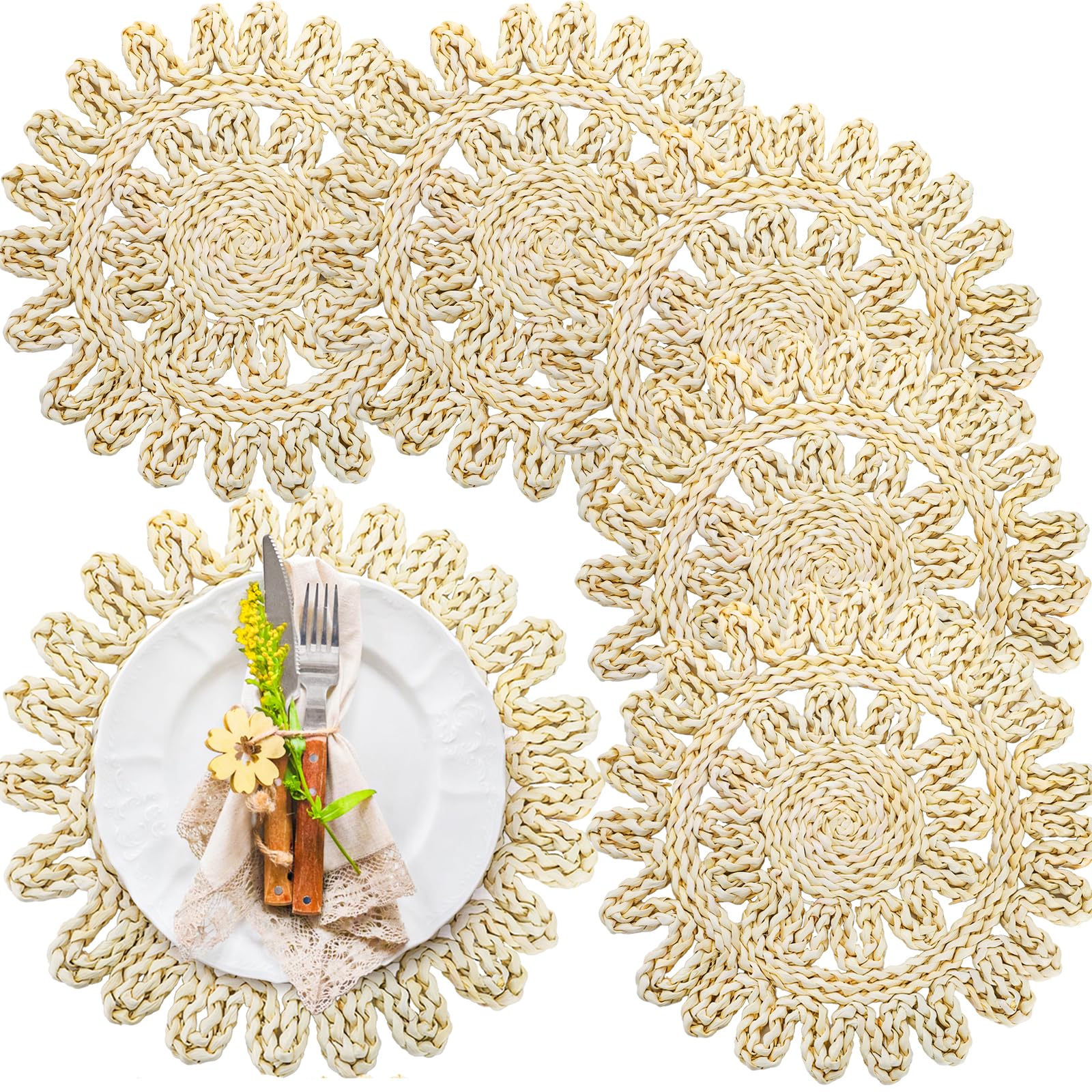 TOPZEA Round Woven Placemats Set of 6, 13.8 Inch Corn Husk Rattan Place ...