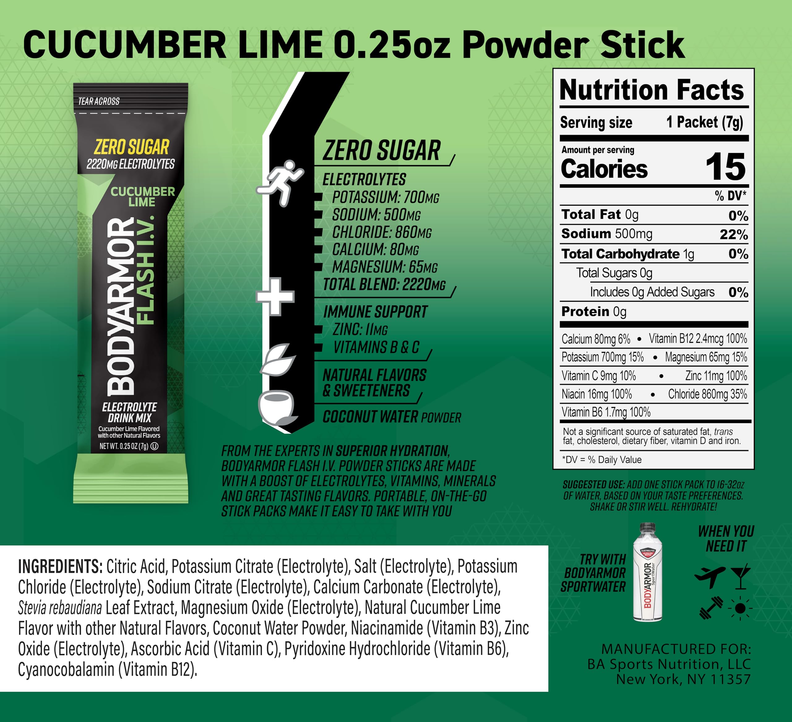 BODYARMOR Flash IV Electrolyte Packets, Cucumber Lime - Zero Sugar ...