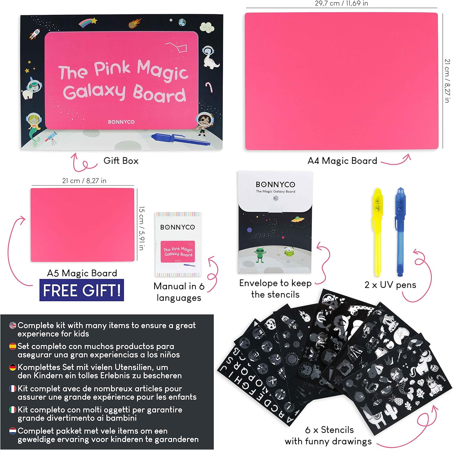 BONNYCO Pink Light Drawing Board Kids A4 and A5, 6 Stencils and 2 Spy ...