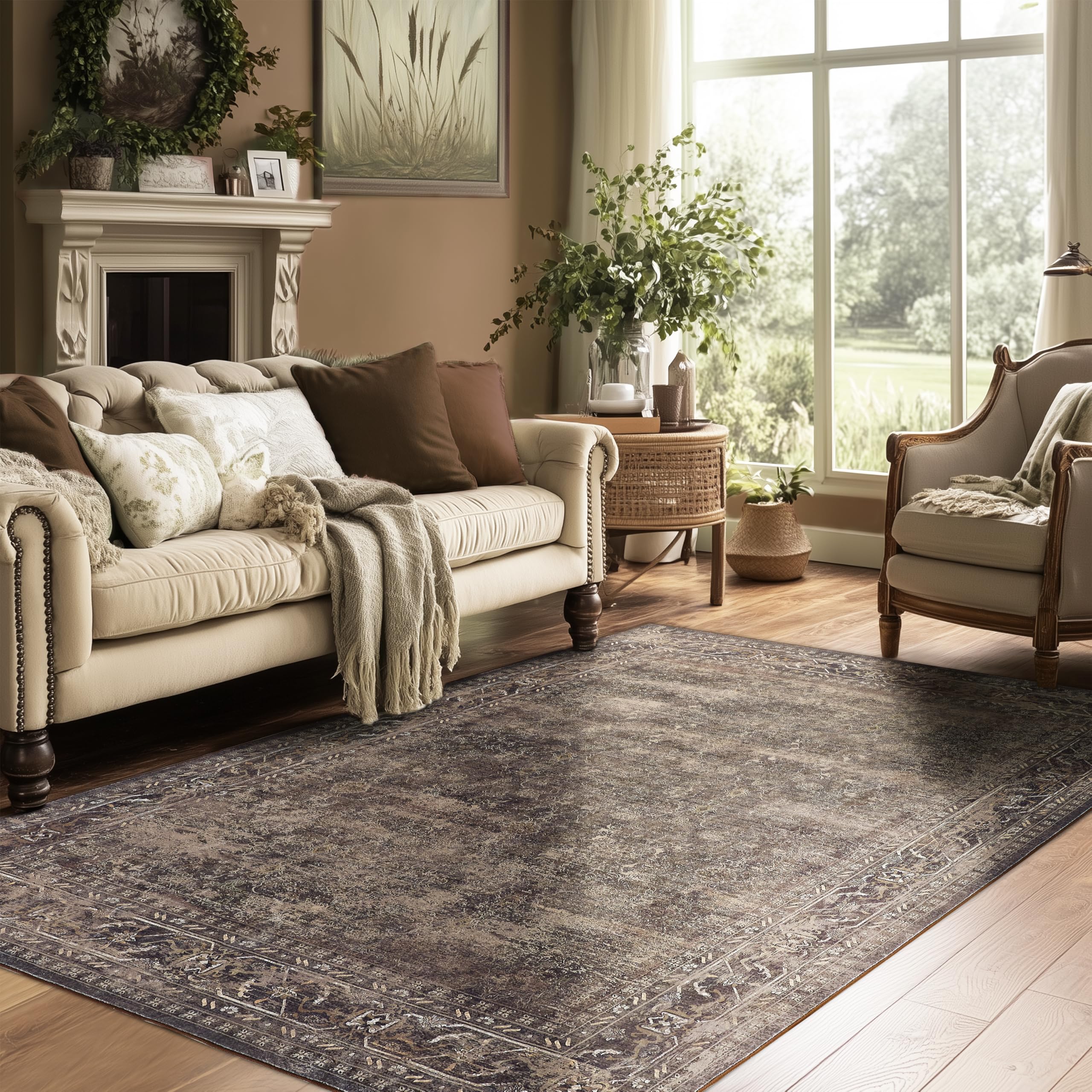 Dark Brown Rug 5x7 Vintage Distressed Print Boho Soft Area Rug for ...