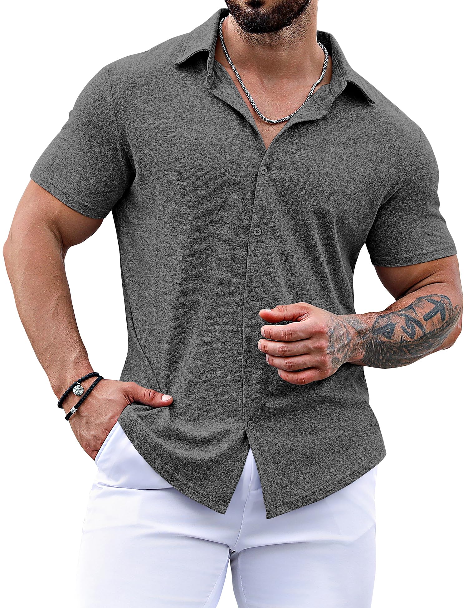 URRU Mens Black Muscle Dress Shirt Short Sleeve Button Down Shirt ...