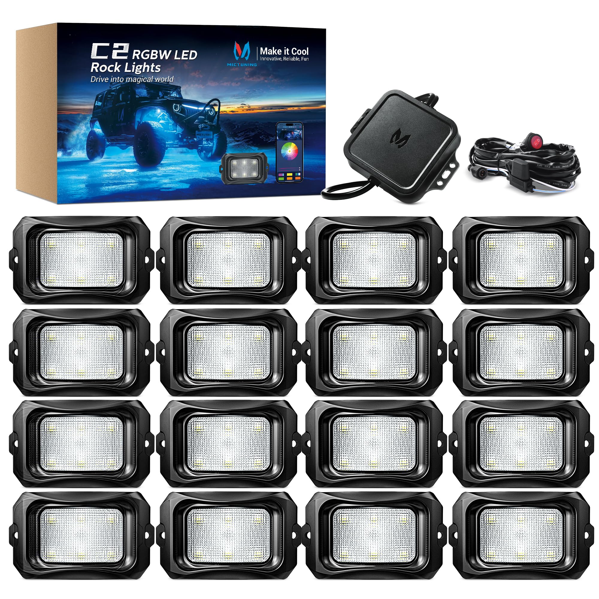 MICTUNING C2 Curved RGBW LED Rock Lights - 16 Pods Underglow Multicolor Neon Light with Wiring ...