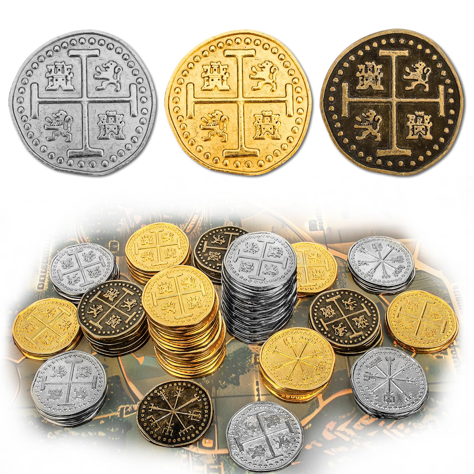 Byhoo 100 Pcs Metal Pirate Token Coins Set, Realistic Treasure Spanish ...