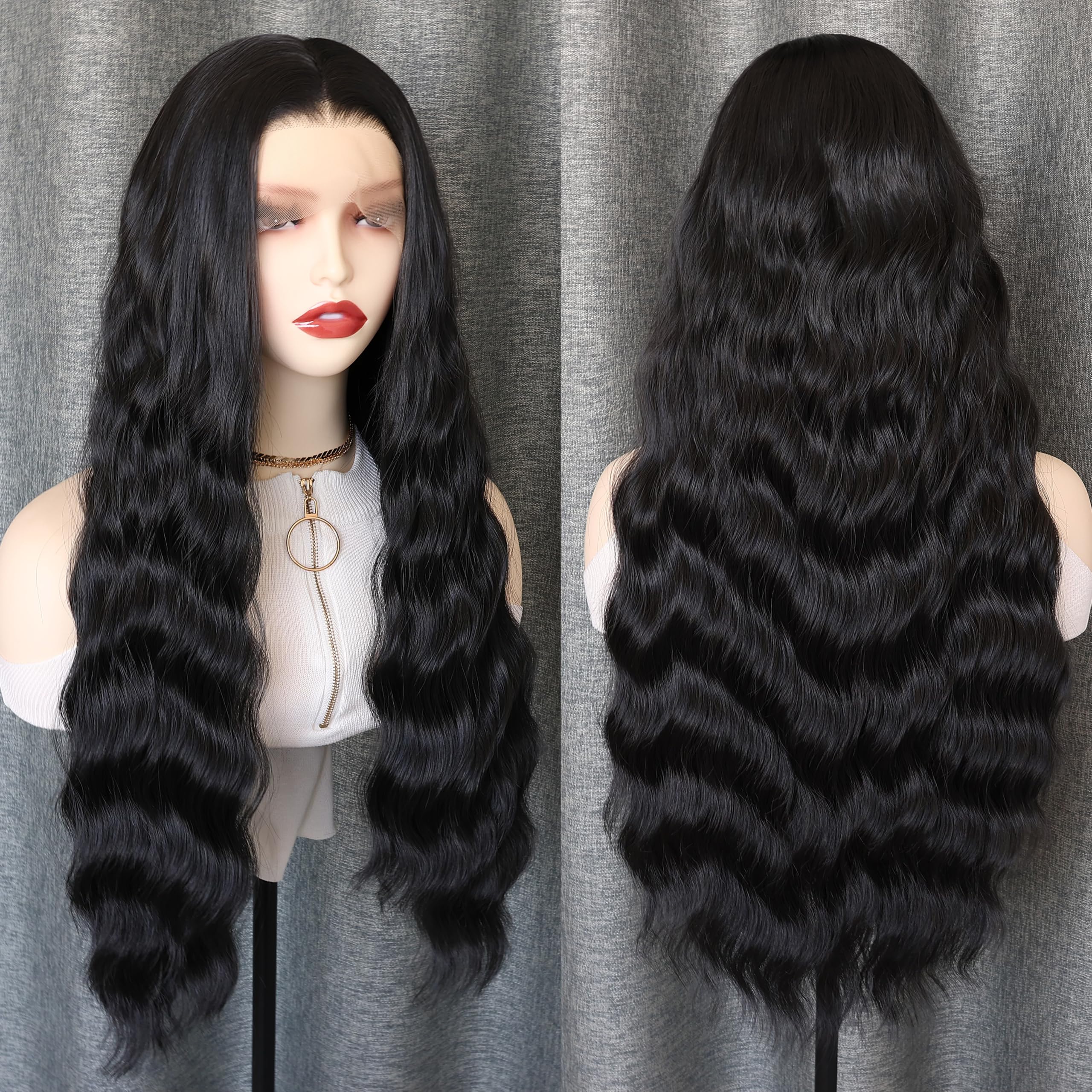 WXHWCX Long Black Middle Part Wavy Wig For Women Heat Resistant Fiber ...