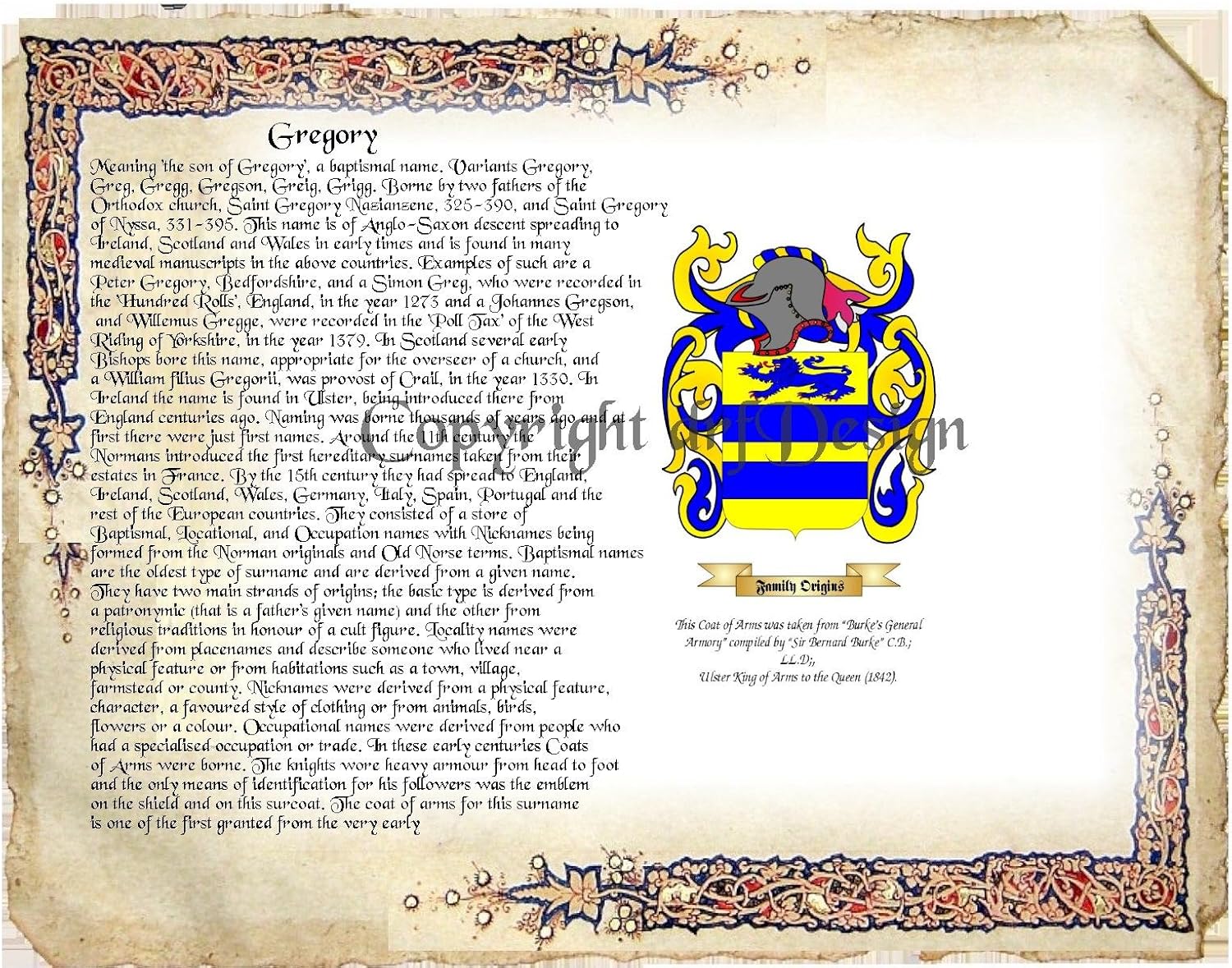 Gregory Coat of Arms/ Family Crest on Fine Paper and Family History Buy ...