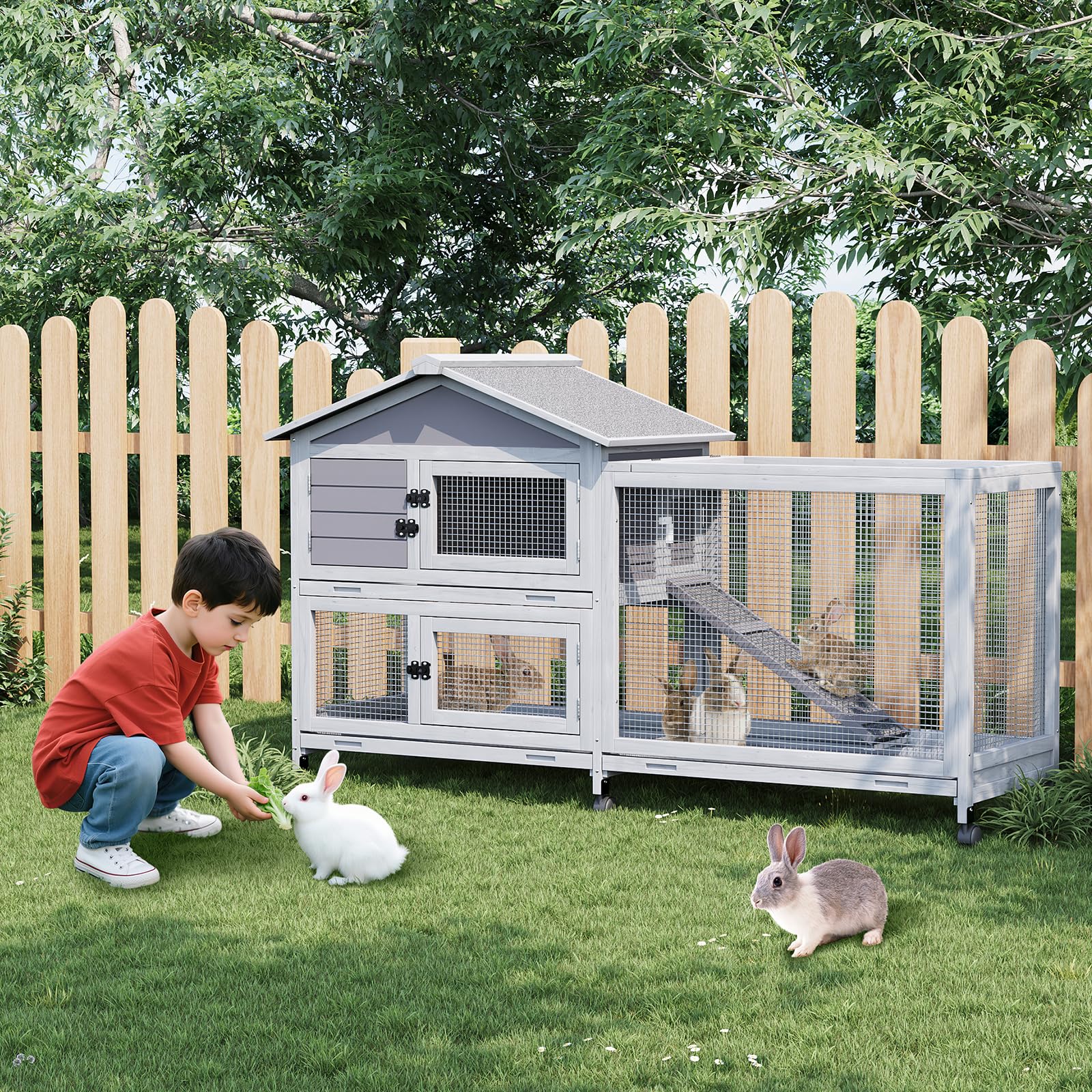 Rabbit Hutch with Ramp & Waterproof Roof, Bunny Cage for Indoor/Outdoor ...