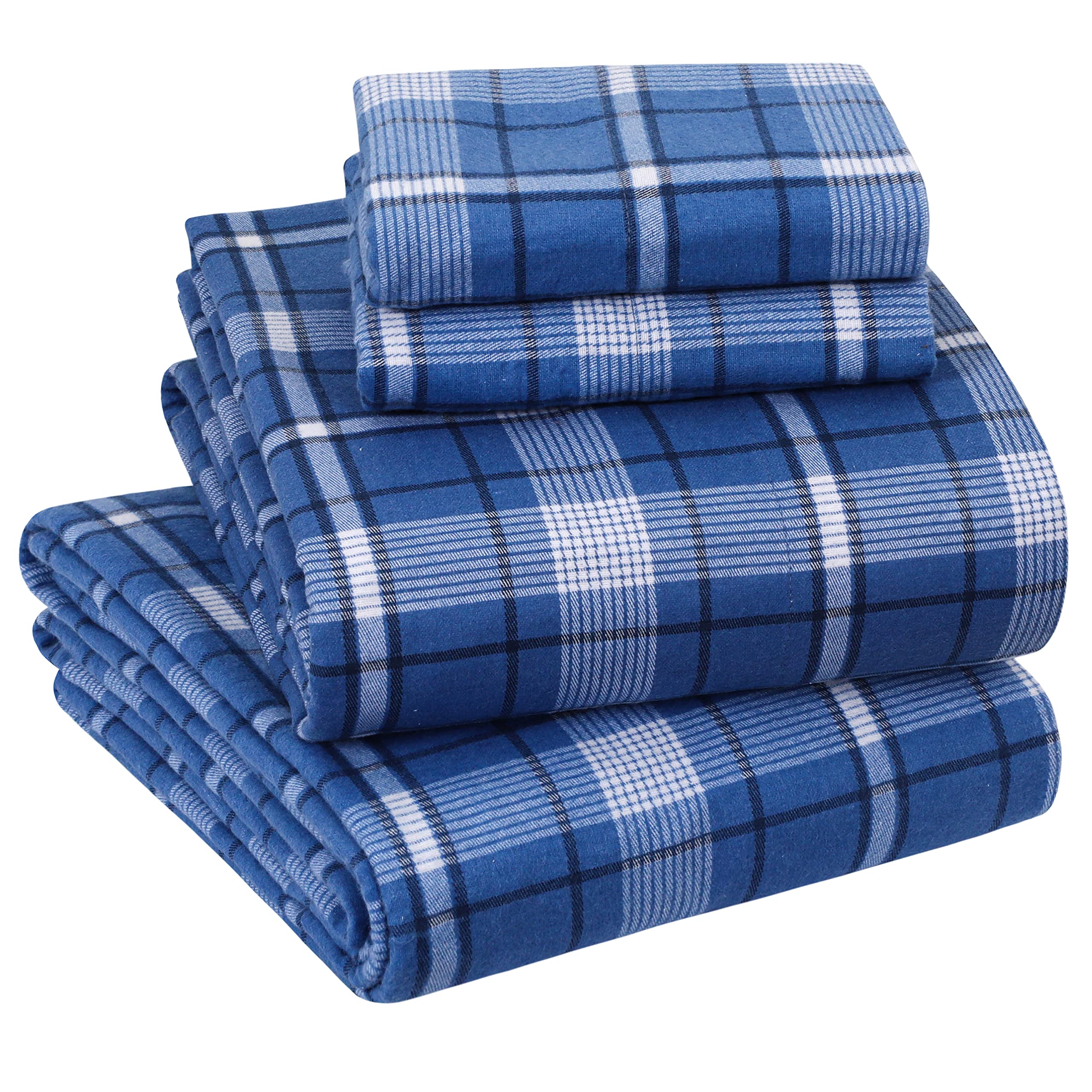 Sleepdown 100% Cotton 160 GSM Flannel Sheet Set - Dark Blue Plaid, Full ...