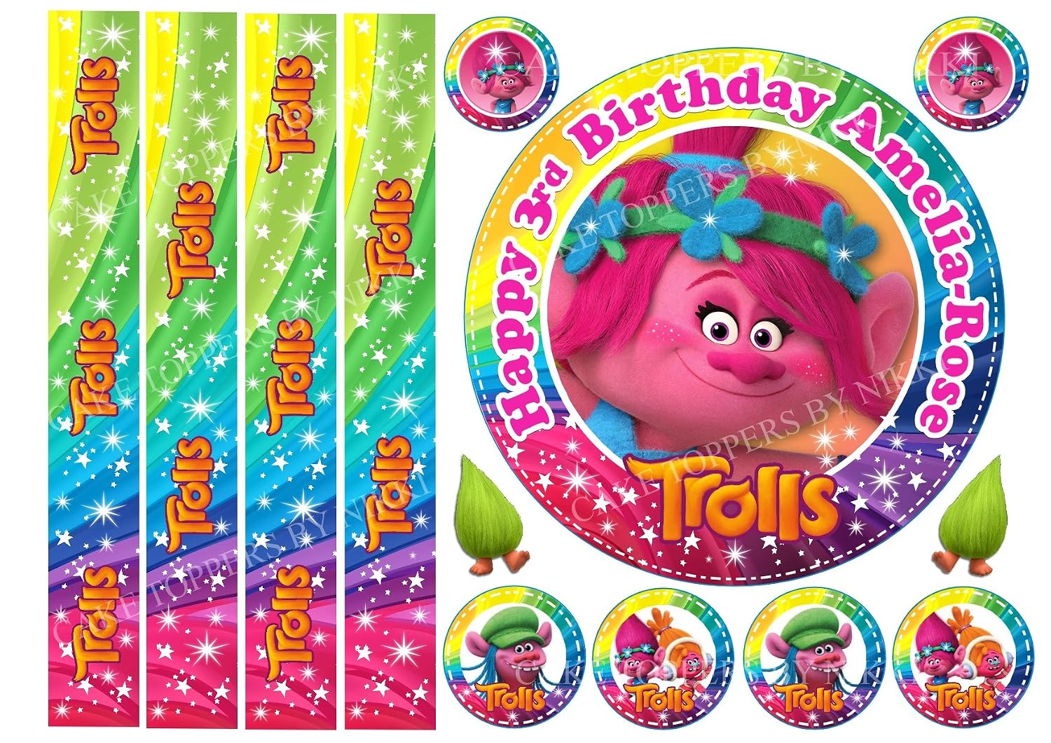 EDIBLE TROLLS MOVIE RAINBOW 6" ICING PERSONALISED CAKE TOPPER EDIBLE ...