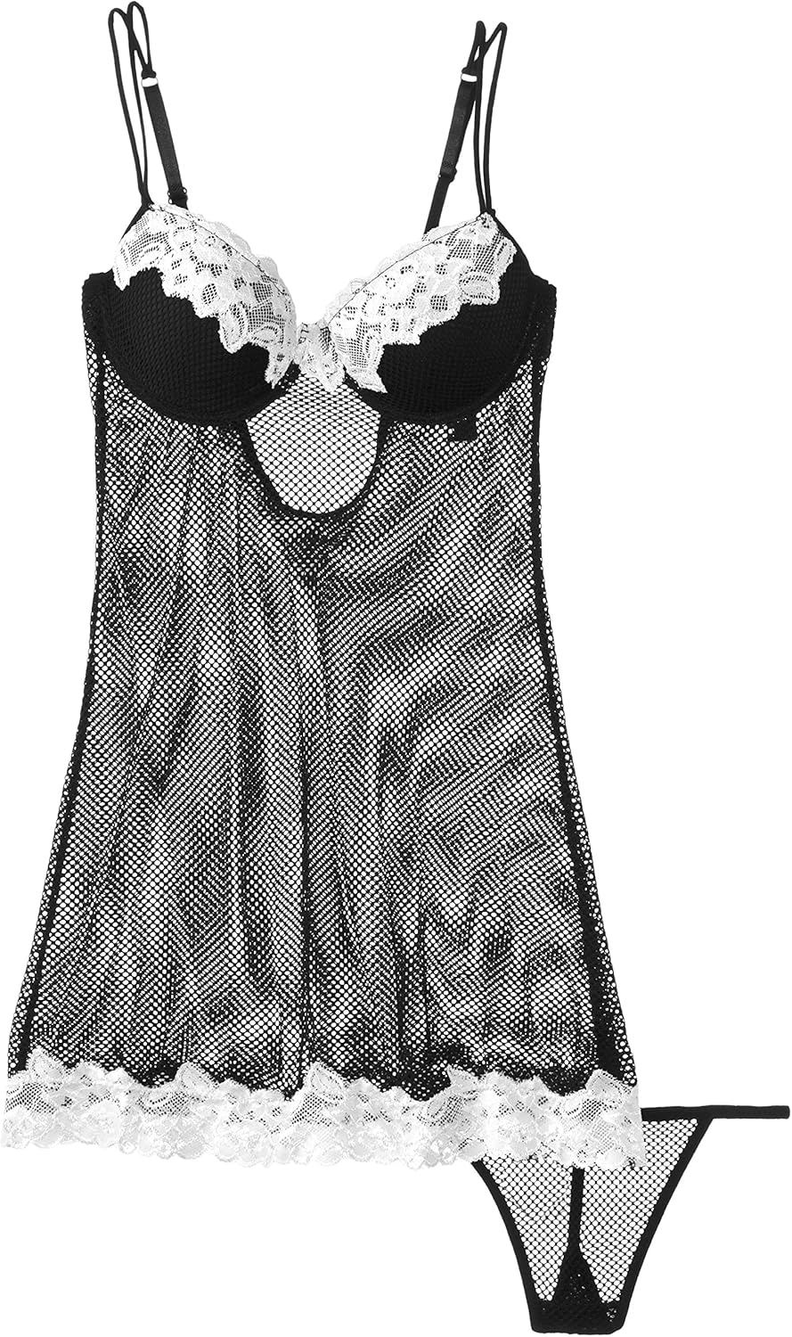 Amazon.com: Just Sexy Women's Contrast Fishnet Babydoll, Black/White, X ...