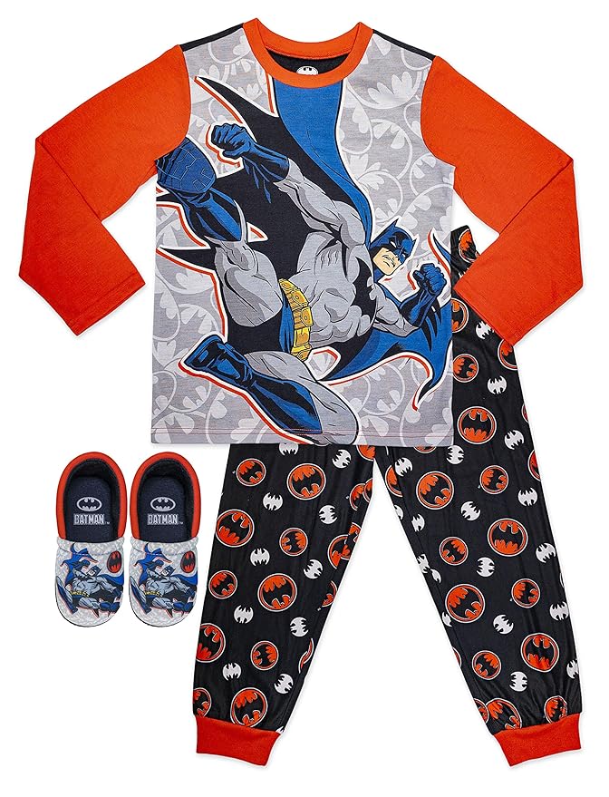 Buy BATMAN Boy's Pajama 2 Piece, PJ Set with Slippers, 100% Polyester ...