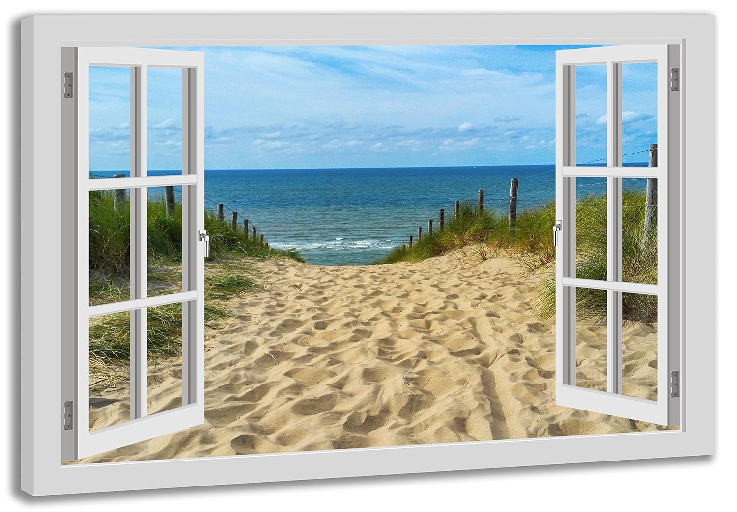 Ayra- Leinwandbild Wandbild Fensterblick Keilrahmenbild Strand Nordsee Meer- fertig gerahmt ...