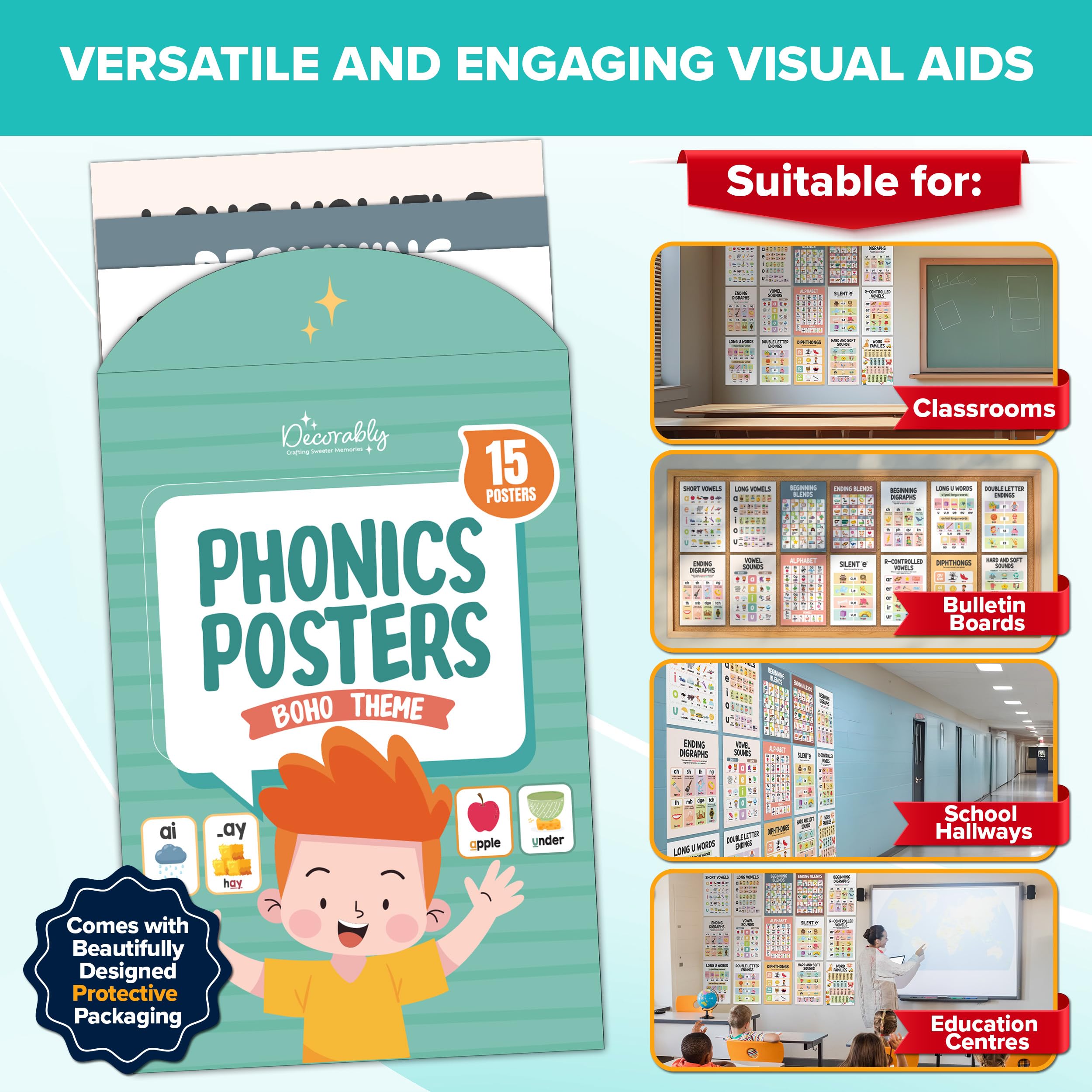 Mua Decorably Phonics Posters for Classroom - 15 Vowel Posters for ...