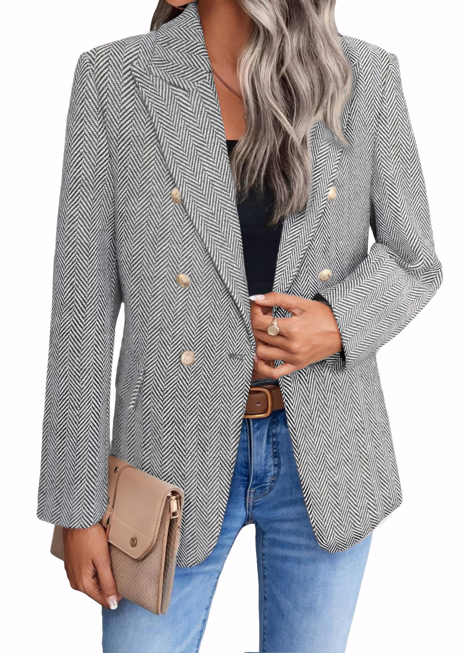 Herringbone Blazer Jacket for Women Plaid Houndstooth Black and White Business Casual Womens ...