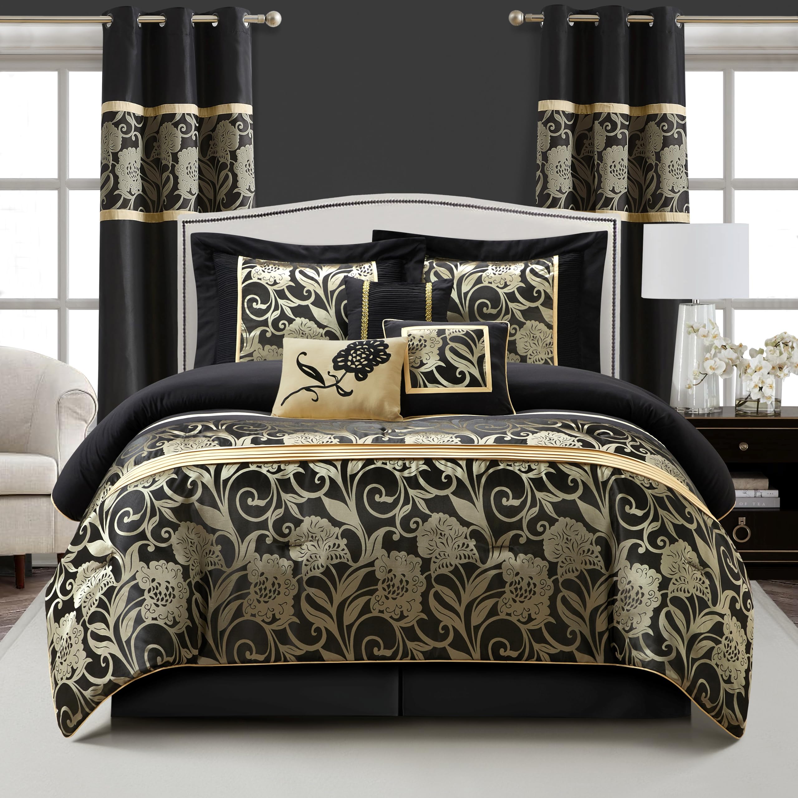 Stratford Park Black and Gold Comforter Set King Size, 9 Piece Jacquard ...