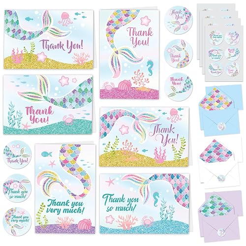 Decorably 30 Pack Glittery 4.9x3.5in Mermaid Thank You Cards Kids with ...