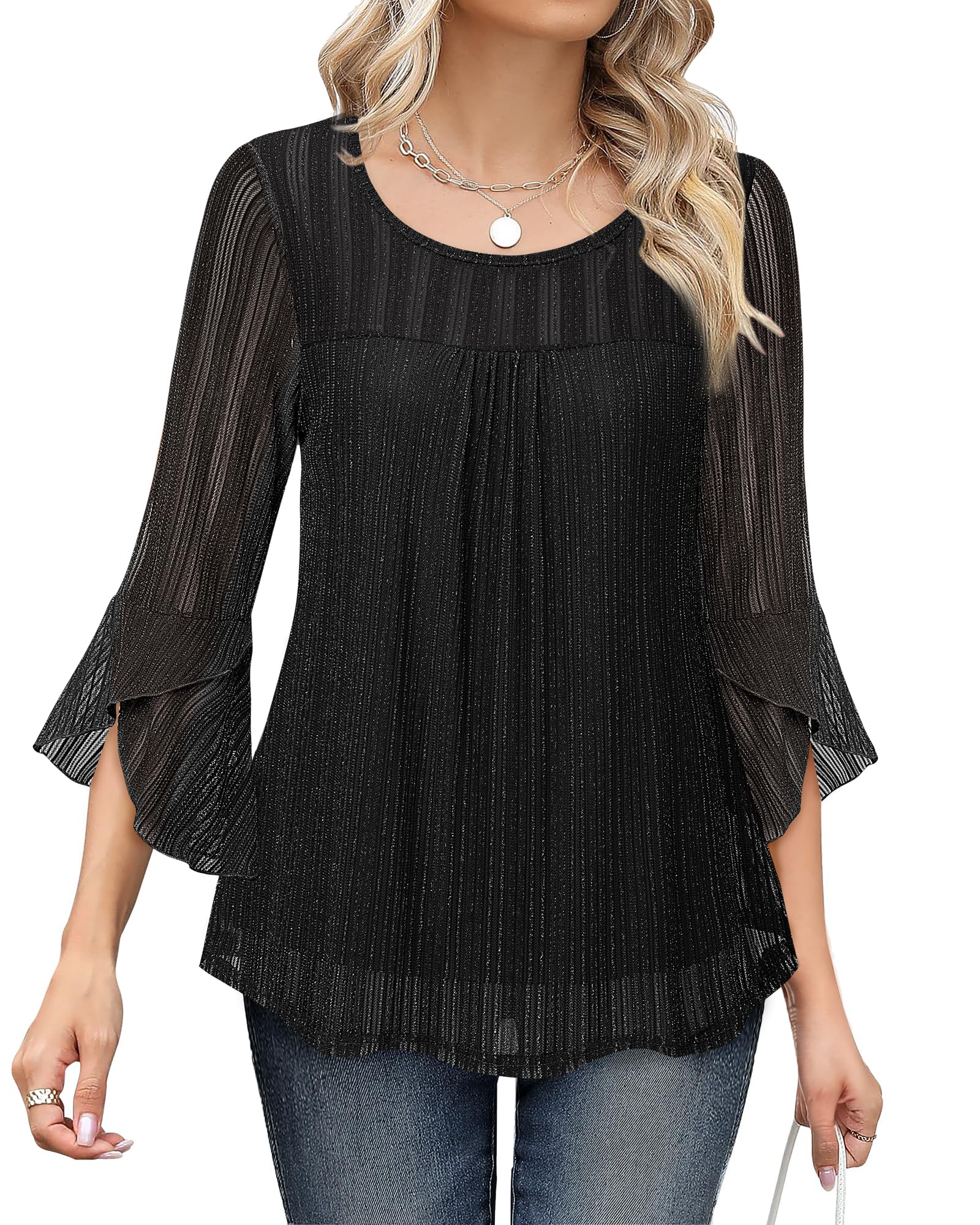 Bebonnie Women Blouses Dressy Casual Tops: Bell Sleeve Lace Funeral ...