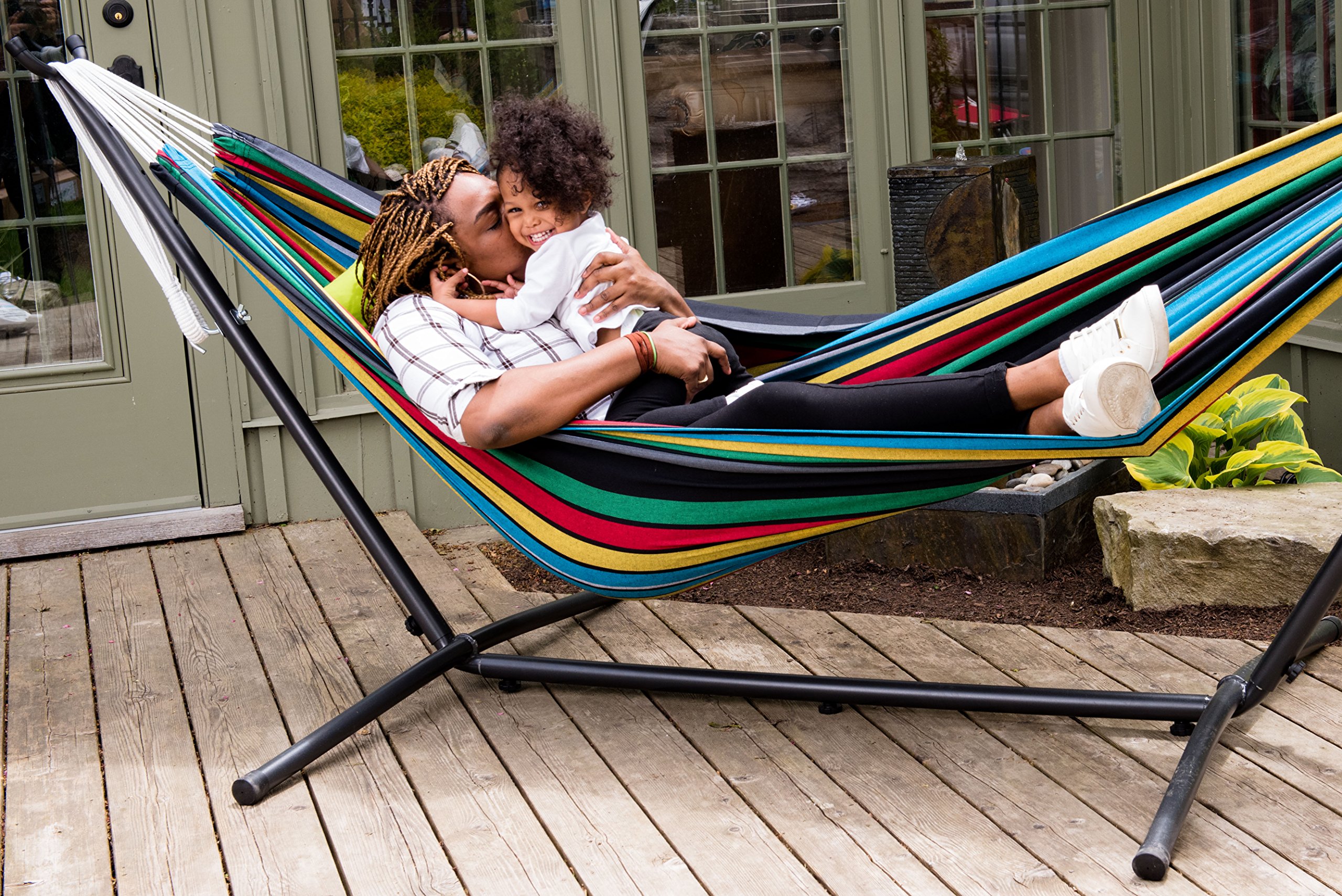 Vivere Double Hammock with Space-Saving Steel Stand, Rio Night