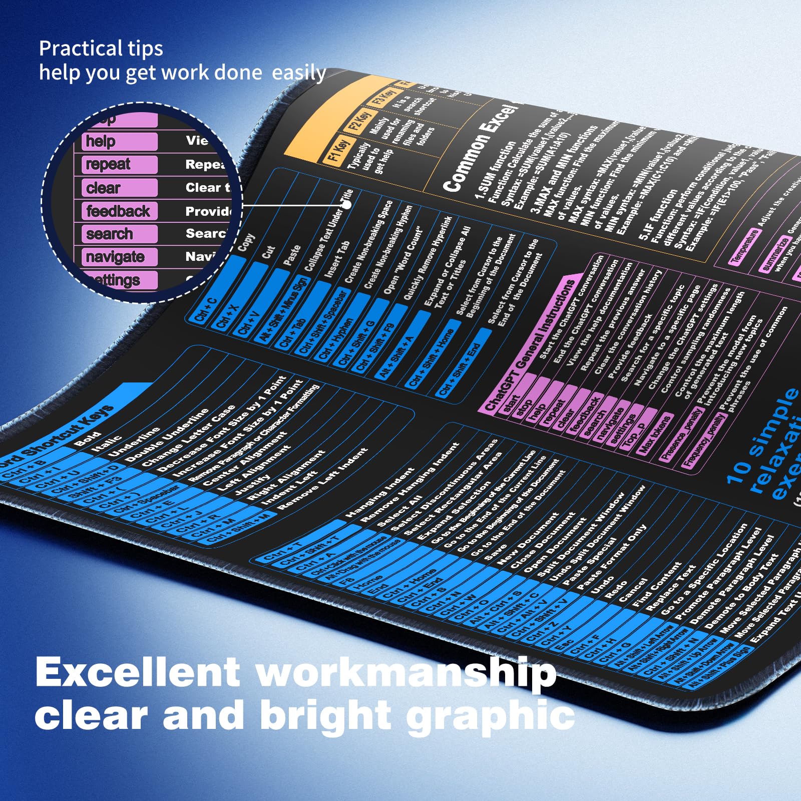 Waterproof Desk Pad—Excel Cheat Sheet Desk Pad—Contains Various ...