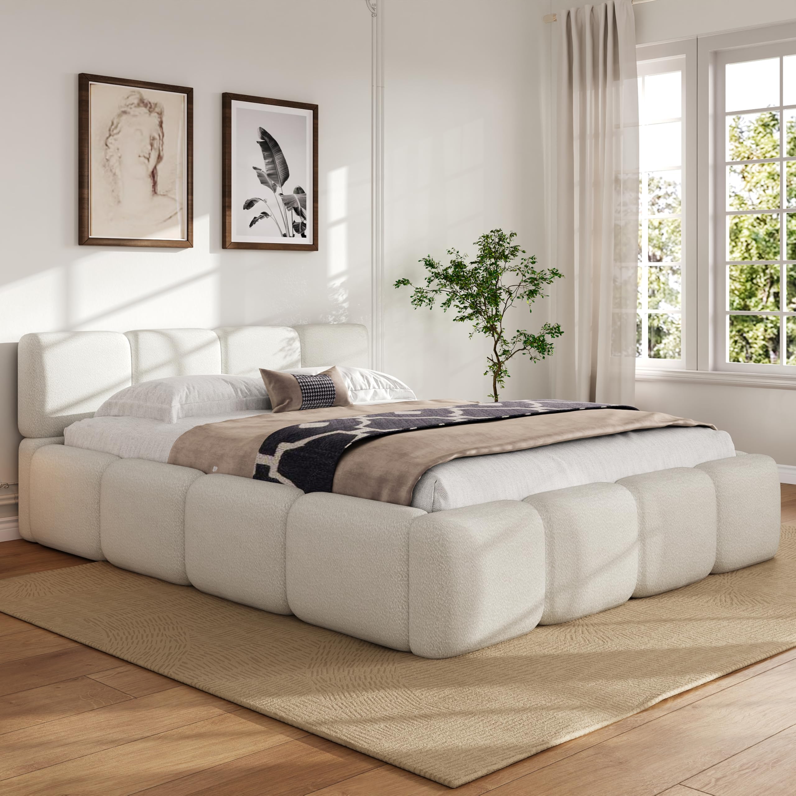 Marshmallow Boucle Floor Bed Frame with Padded Headboard & Footboard ...