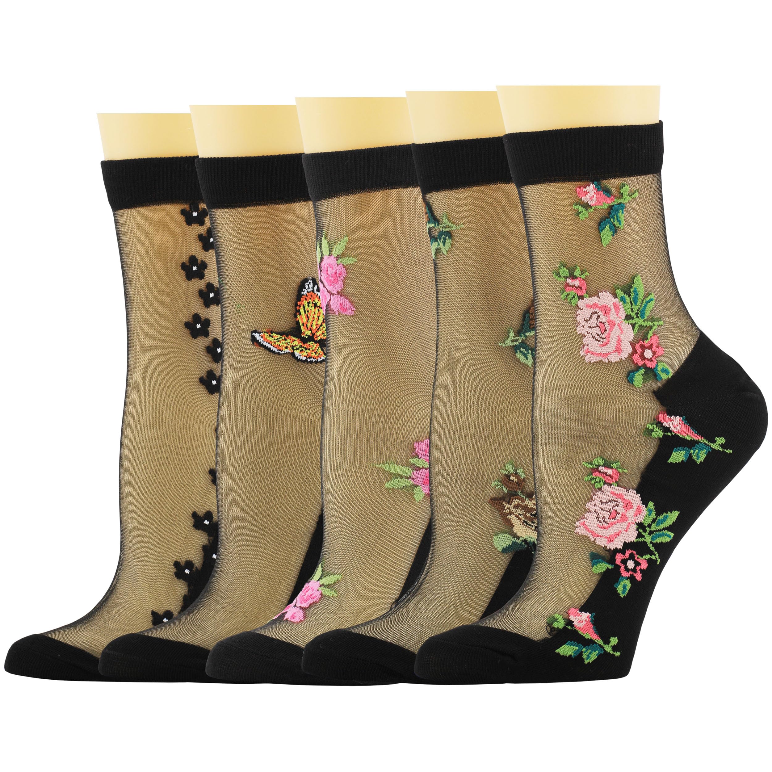 YFUNNLE 5Pairs Womens Ankle Sheer Socks Floral Cute Nylon Mesh ...