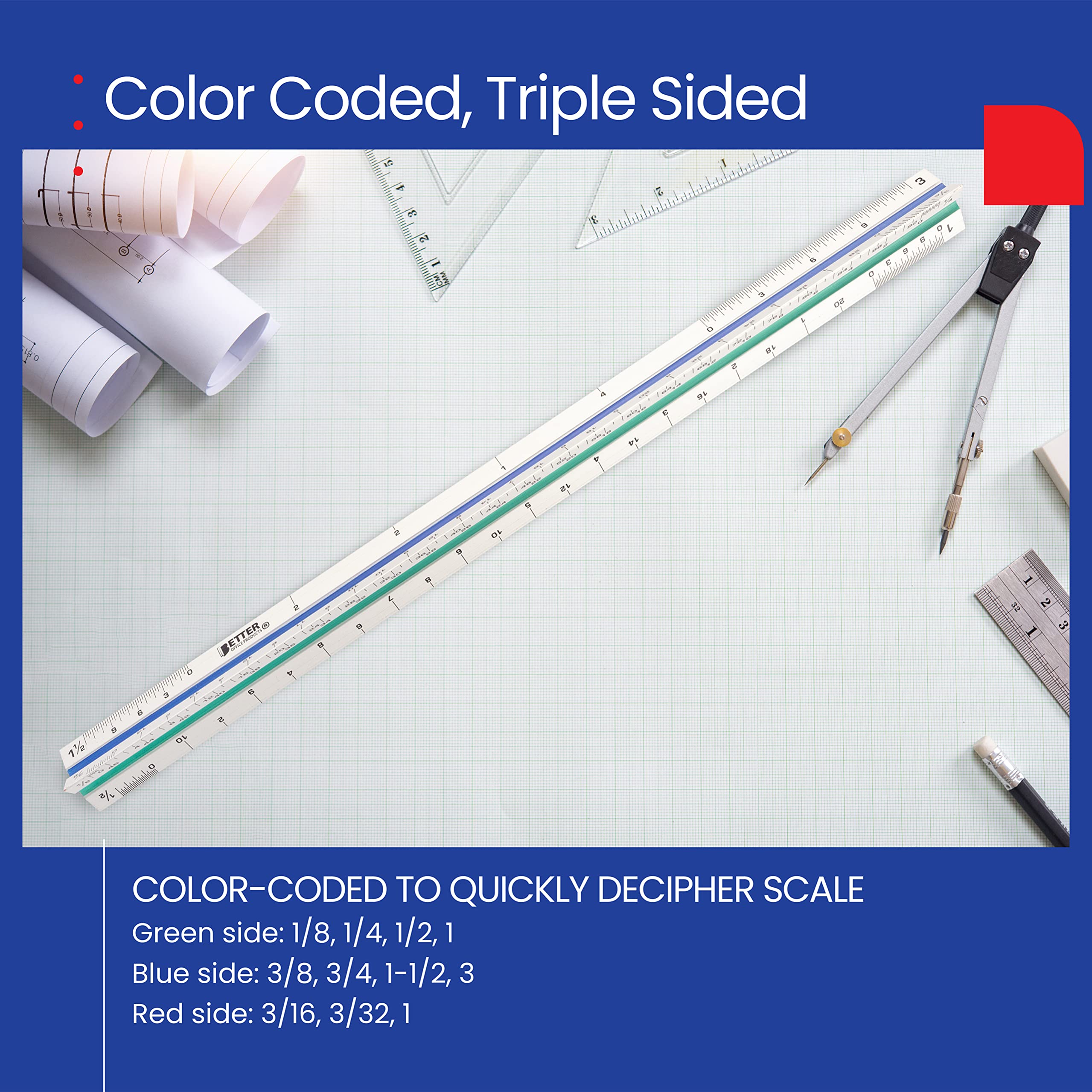 Mua Better Office Products Triangular Ruler, 12 inch Metal Ruler ...