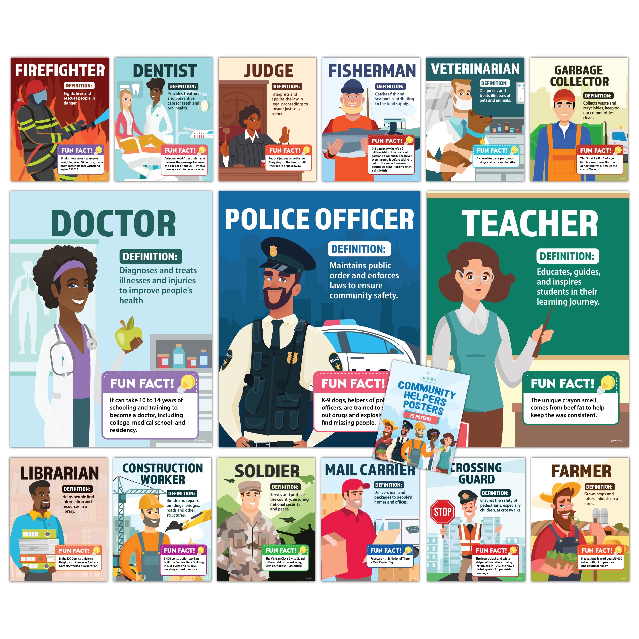 Decorably 15 Community Helpers Posters, 11x14in Matte-Laminated ...