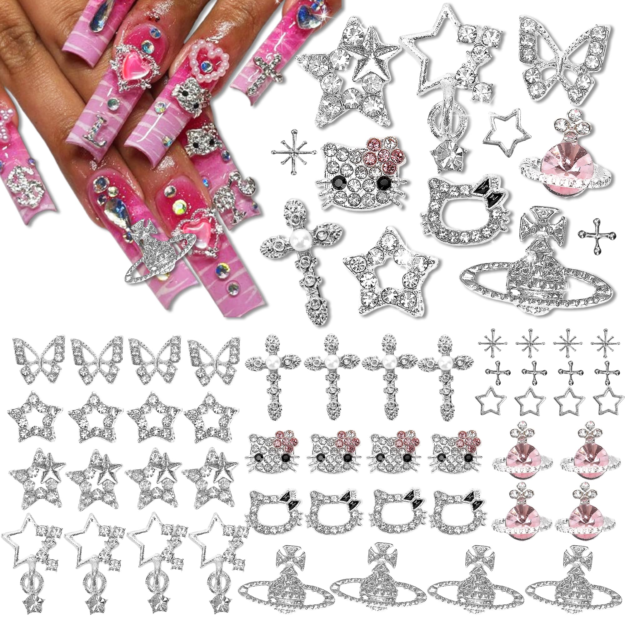 48PCS Y2K Nail Charms and Gems 3D Silver Star Butterfly Planet Cross ...