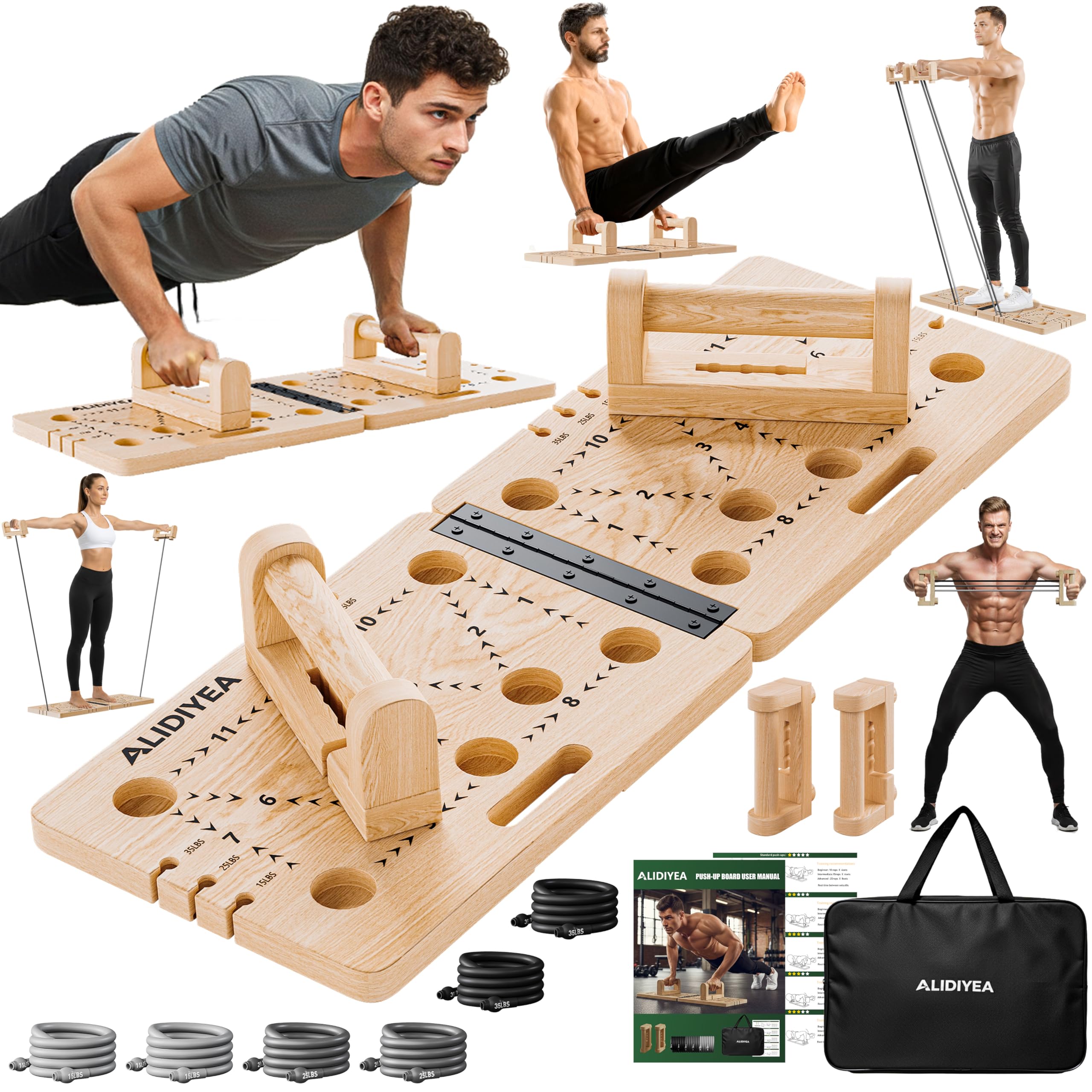 Push Up Board 30 in 1 Foldable with Resistance Bands - Thickened Pine ...