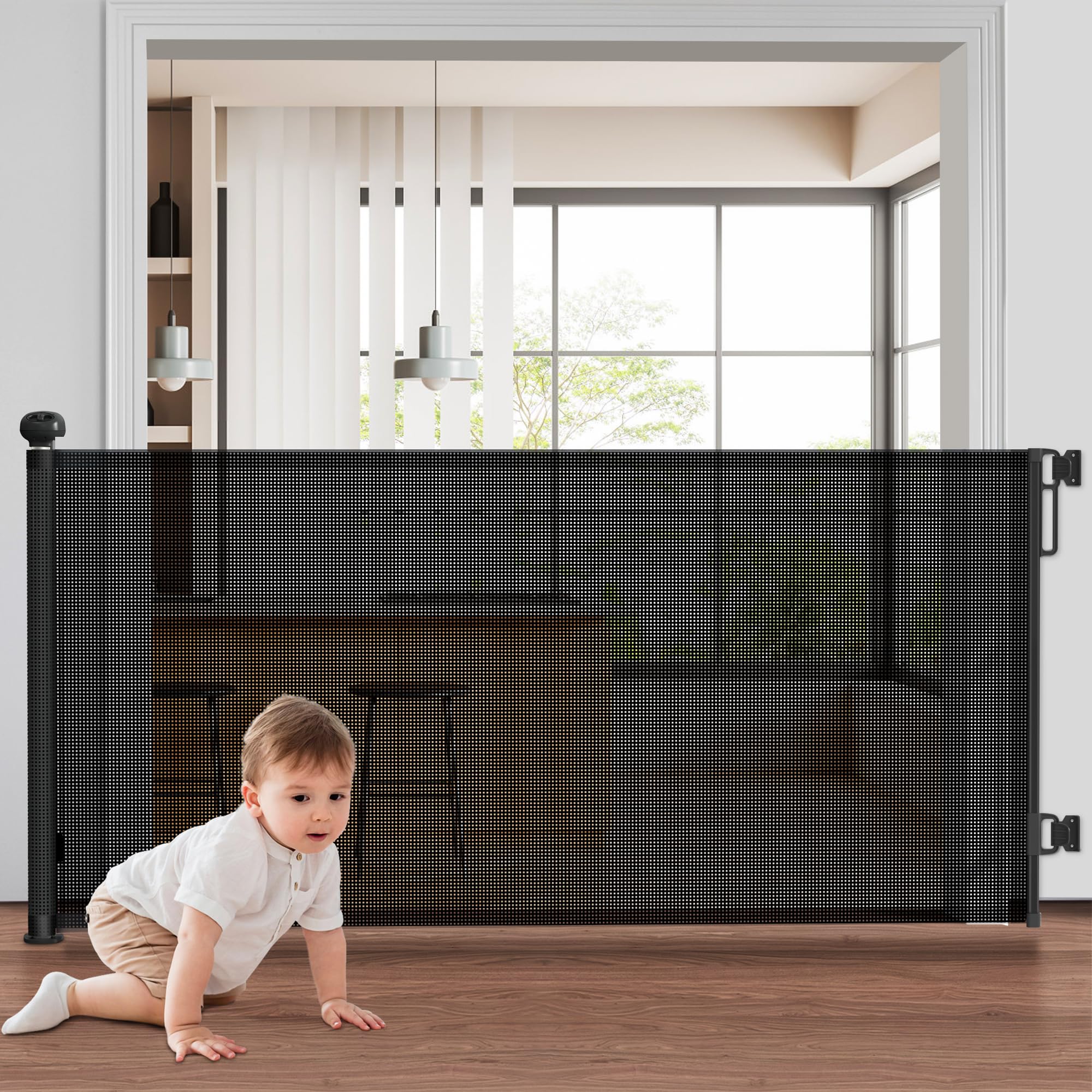 Retractable Baby Gates, 55" Wide Dog Gate, Mesh Pet Gate for Stairs ...
