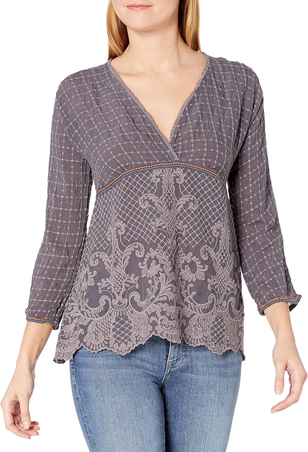 Johnny Was Women's Tonal Embroidered Long Sleeve Tunic, Graphite, XL ...