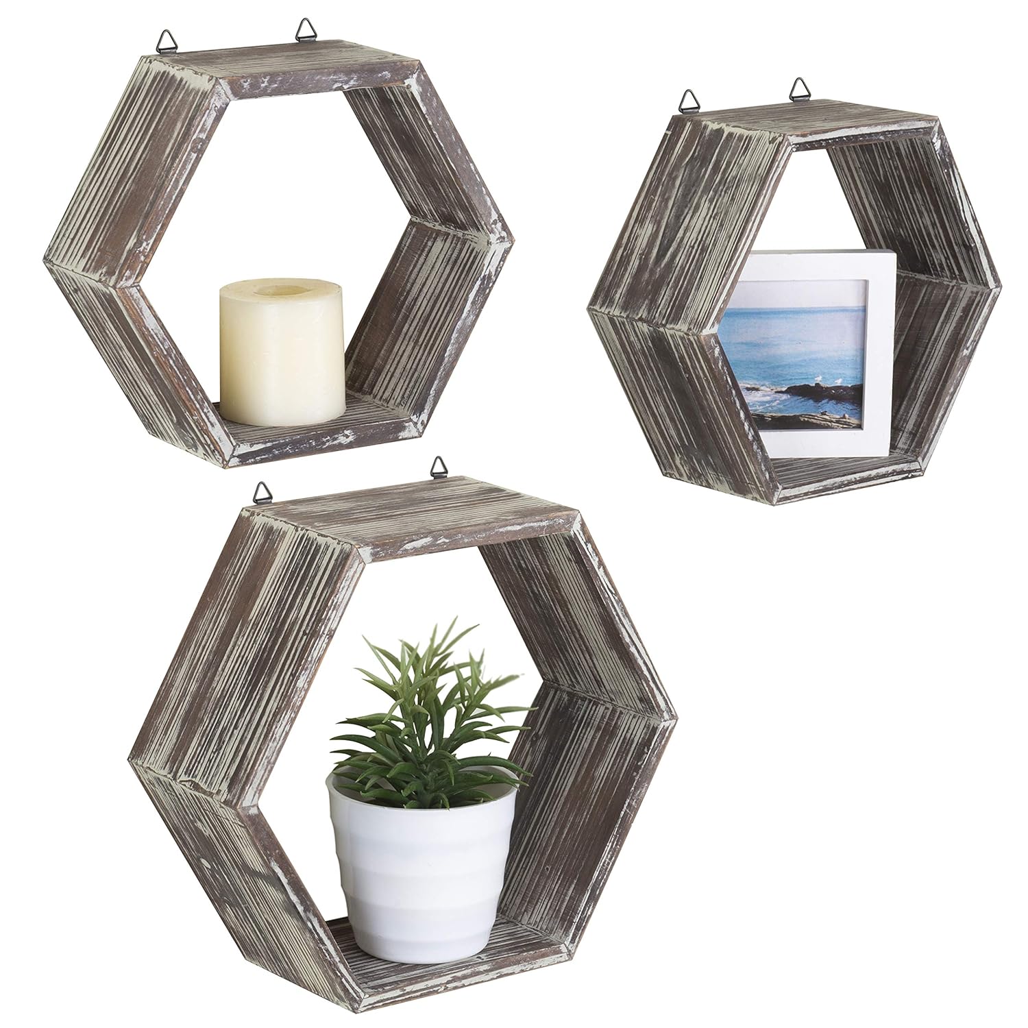 MyGift Rustic Wall-Mounted Torched Wood Shadow Boxes Hexagon Display ...
