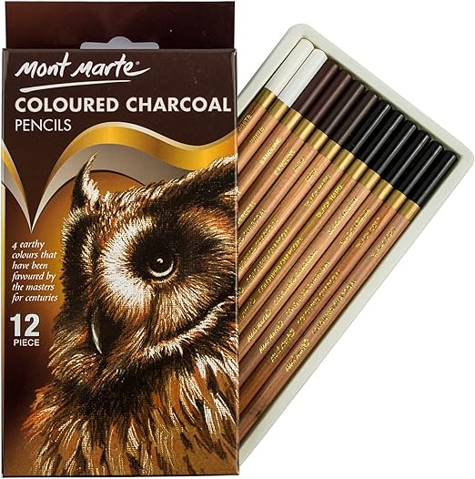 MONT MARTE Coloured Charcoal Pencil Set – 12pce - Charcoal Pencils for Art - Drawing Pens ...
