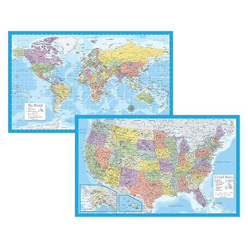 2 Pack - Laminated World Map & US Map Poster Set - Wall Chart Map of ...