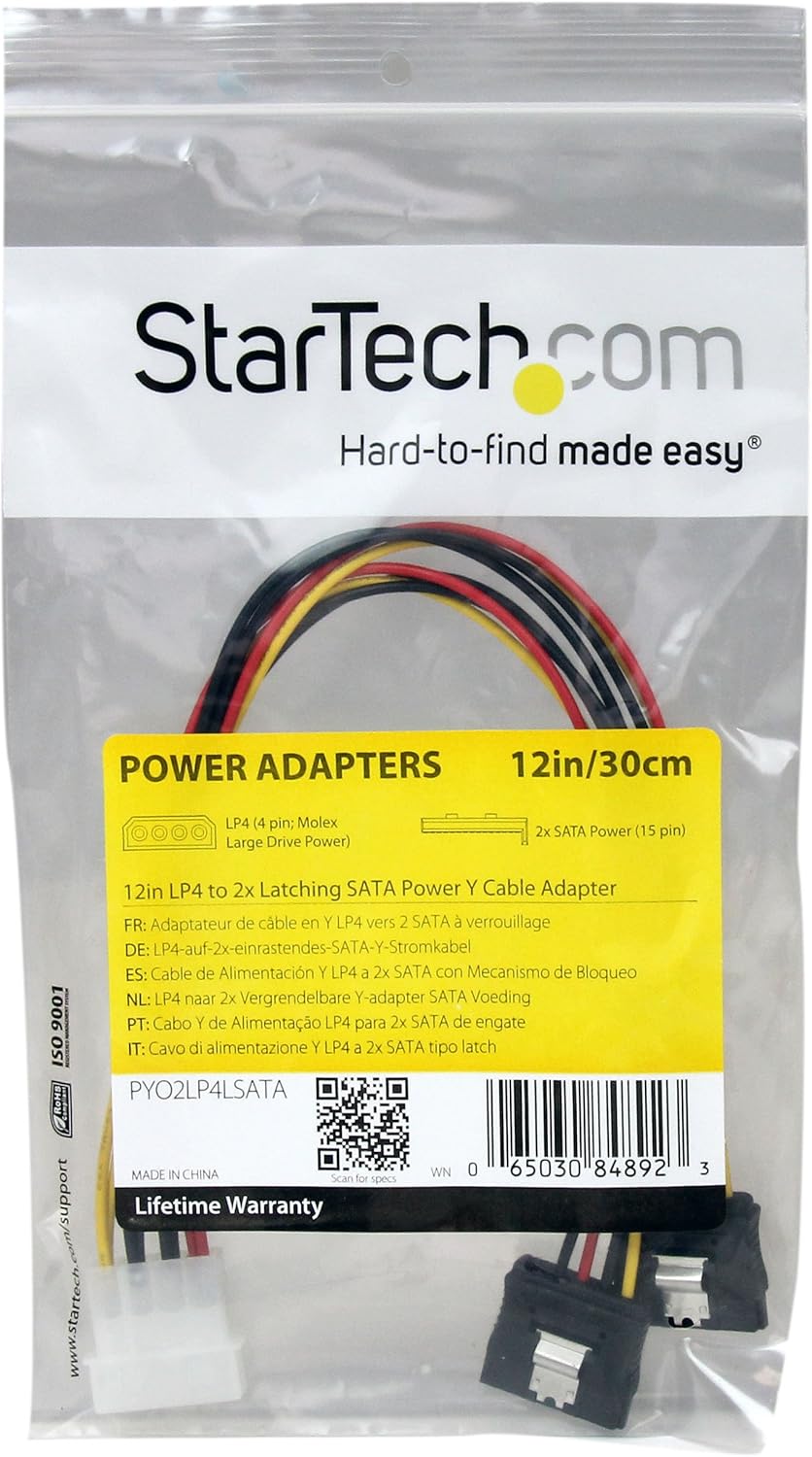 StarTech 12in LP4 to 2x Latching SATA Power Y Cable Splitter Adapter ...