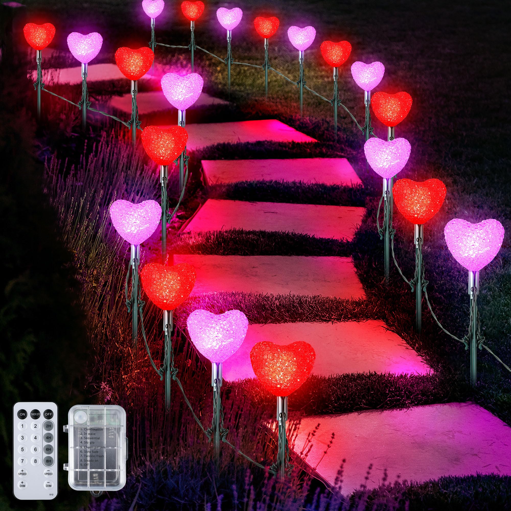 Enhon Valentine's Day Heart Pathway Lights, 8 Modes Red Pink Heart ...