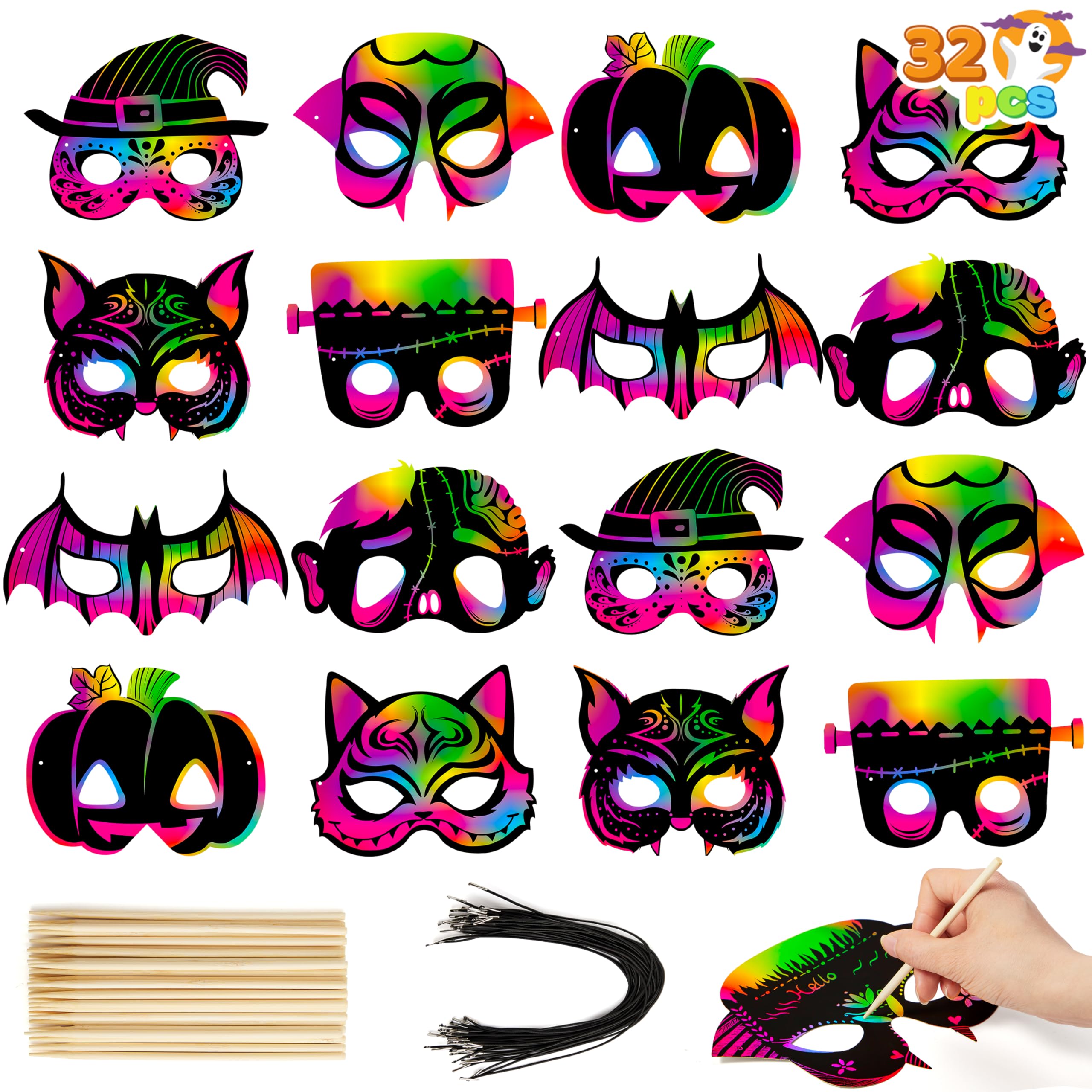 JOYIN 32 Pcs Halloween Rainbow Scratch Masks Crafts for Kids, Halloween ...