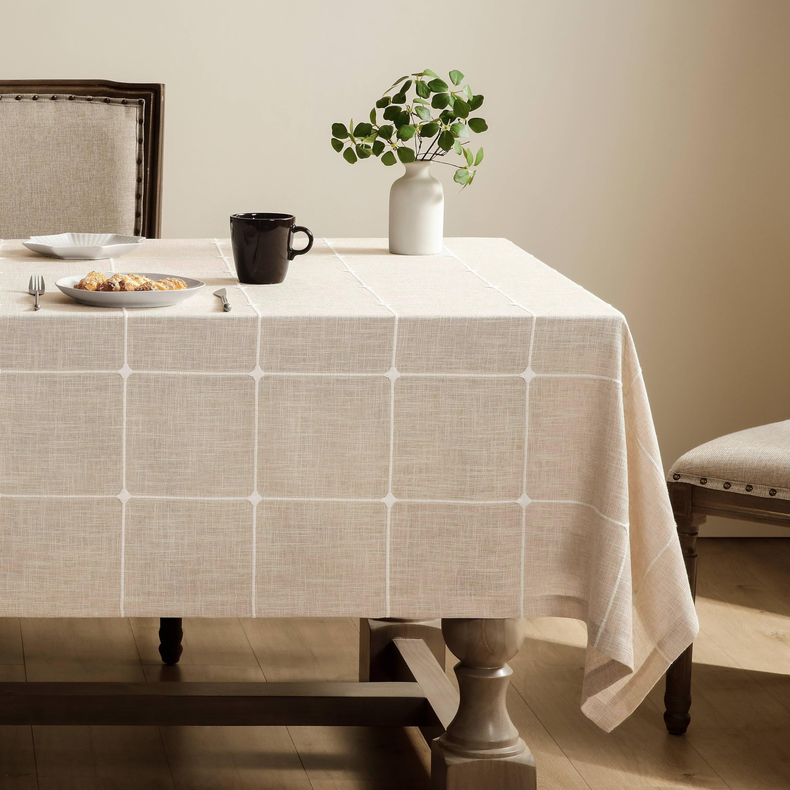ZeeMart Grid Embroidered Hemmed Tablecloths, Light Tan 60x84 Inch ...