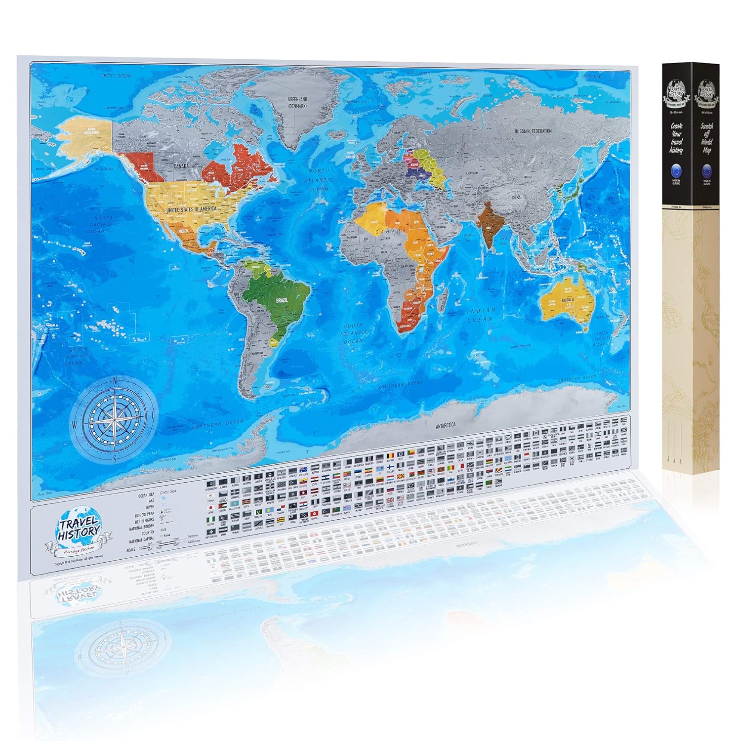Detailed Scratch Off World Map with Flags, Original Silver Colors ...