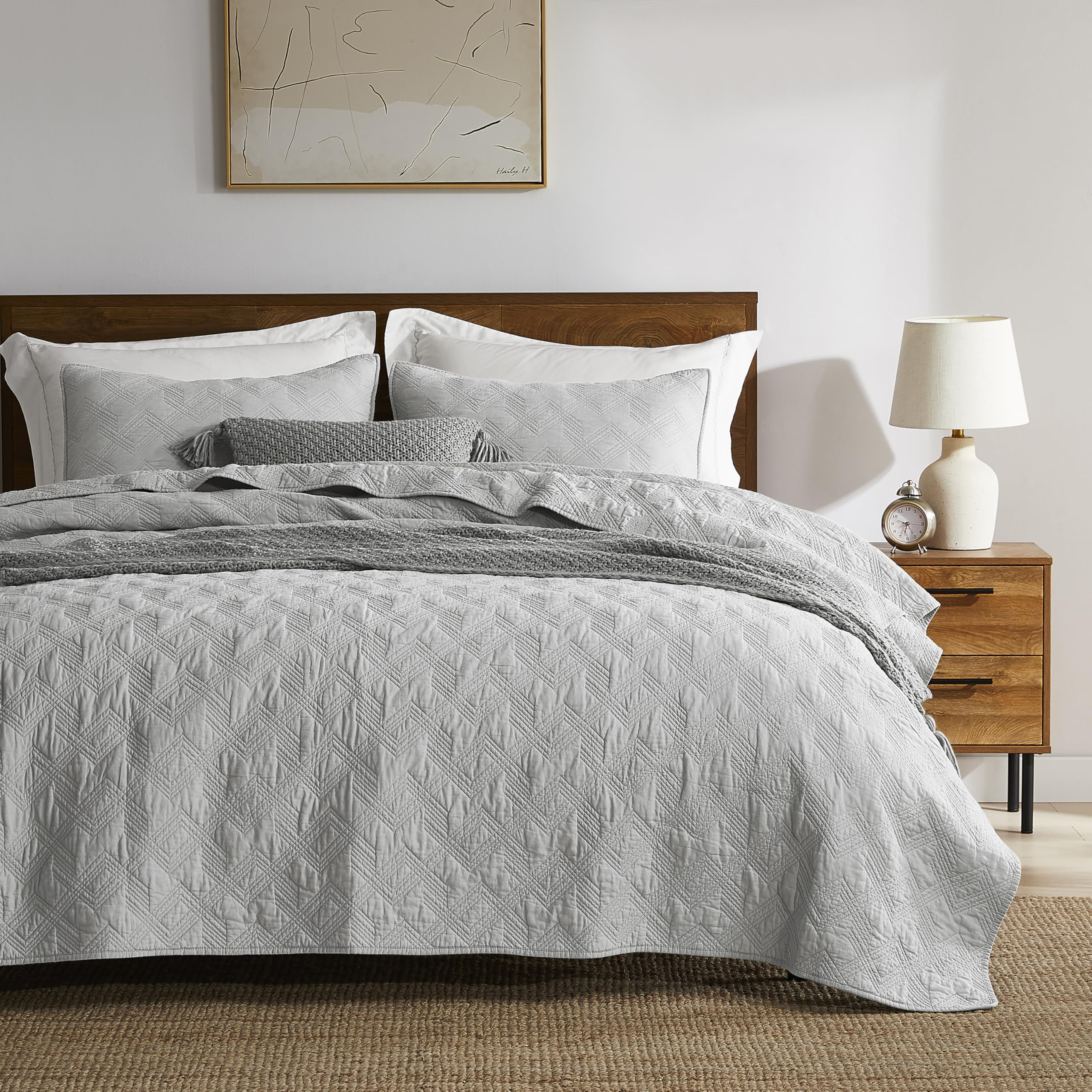 WDCOZY Light Grey 100% Cotton Quilt Bedding Sets King Size with 2 ...