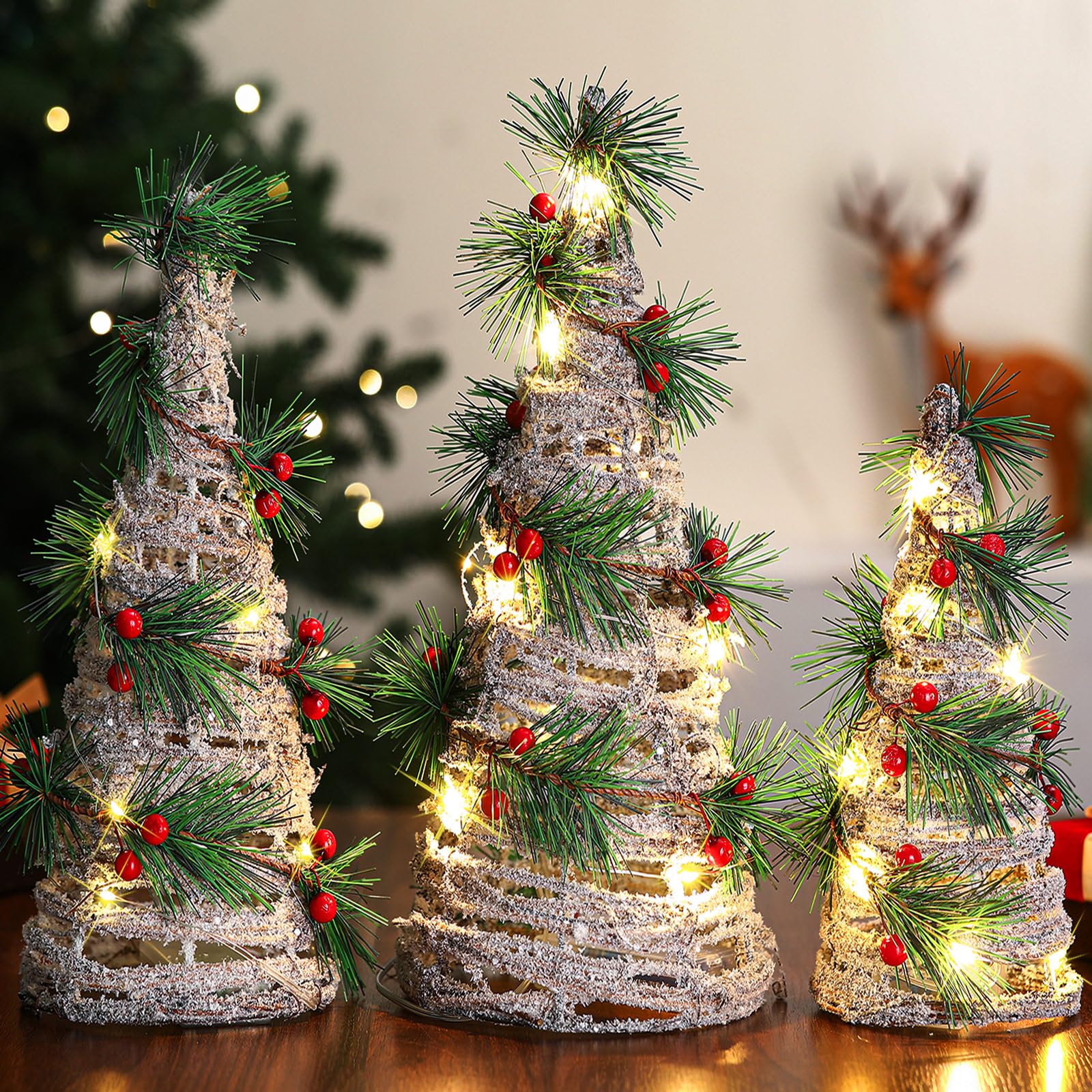 Daifunli 3 Piece Lighted Christmas Rattan Cone Trees Pine Needle Rattan ...
