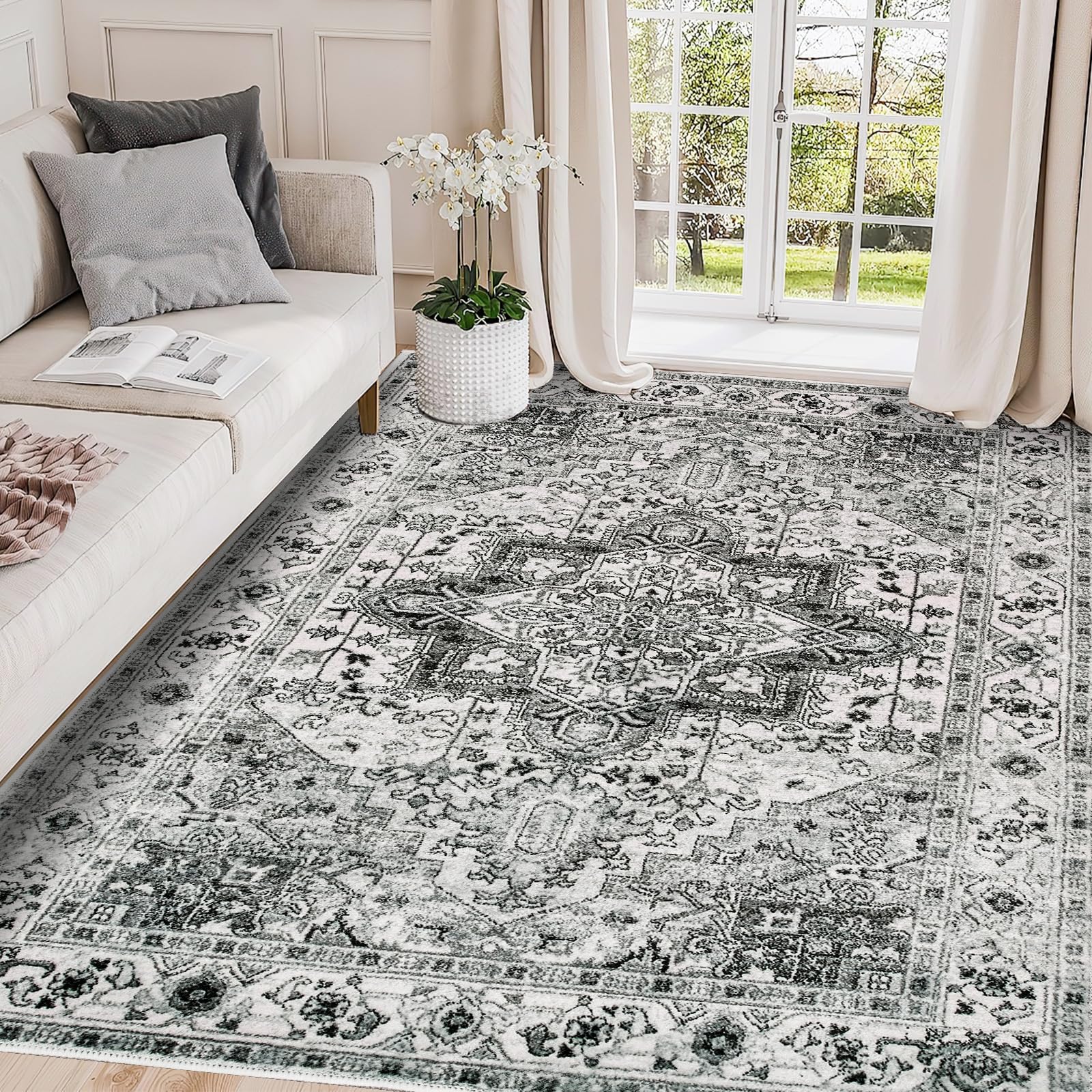VFROO Area Rug 5x7 Living Room Rug Grey Vintage Washable Rug,Soft Non ...