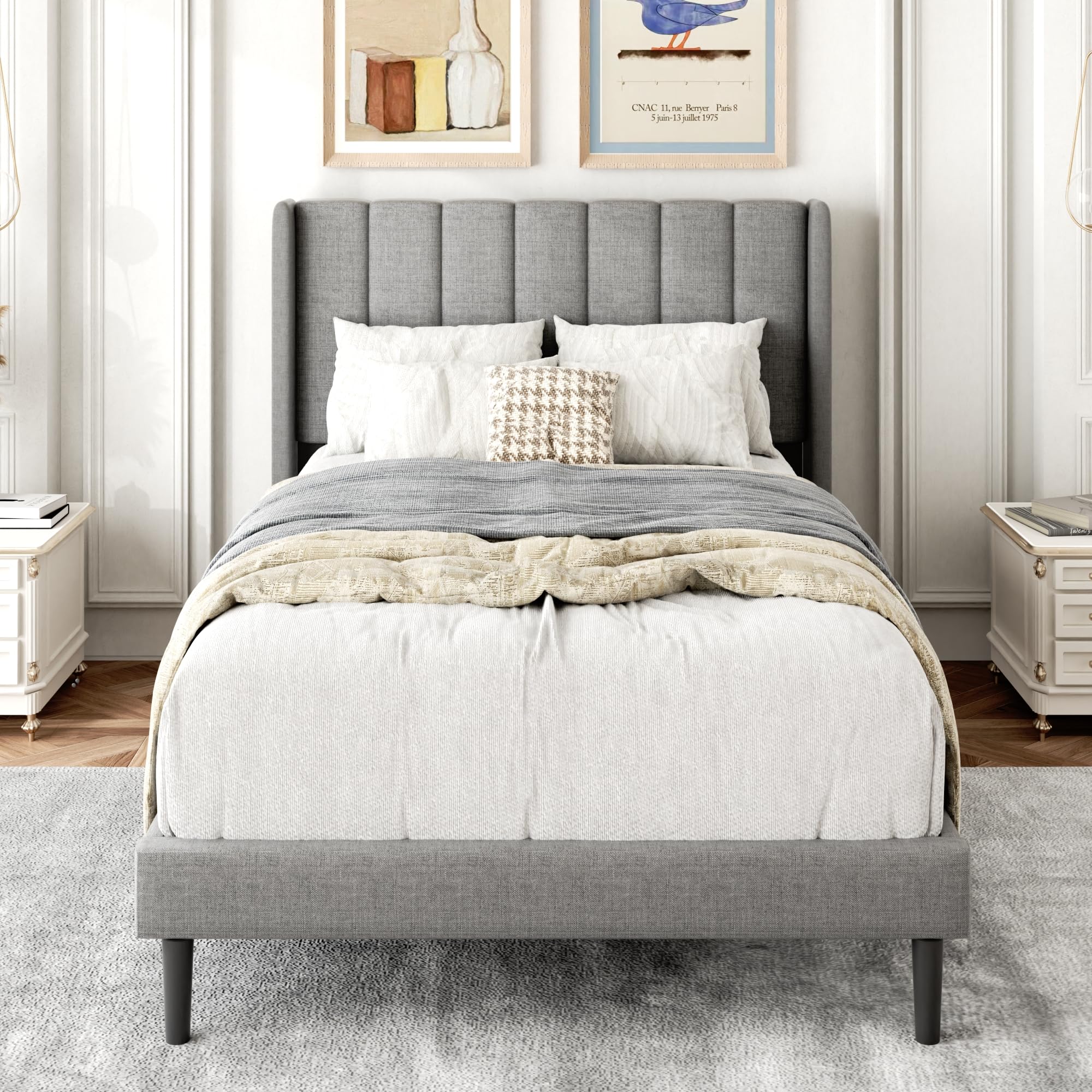 Gruwans Twin Bed Frames with Wingback Headboard, Upholstered Platform ...