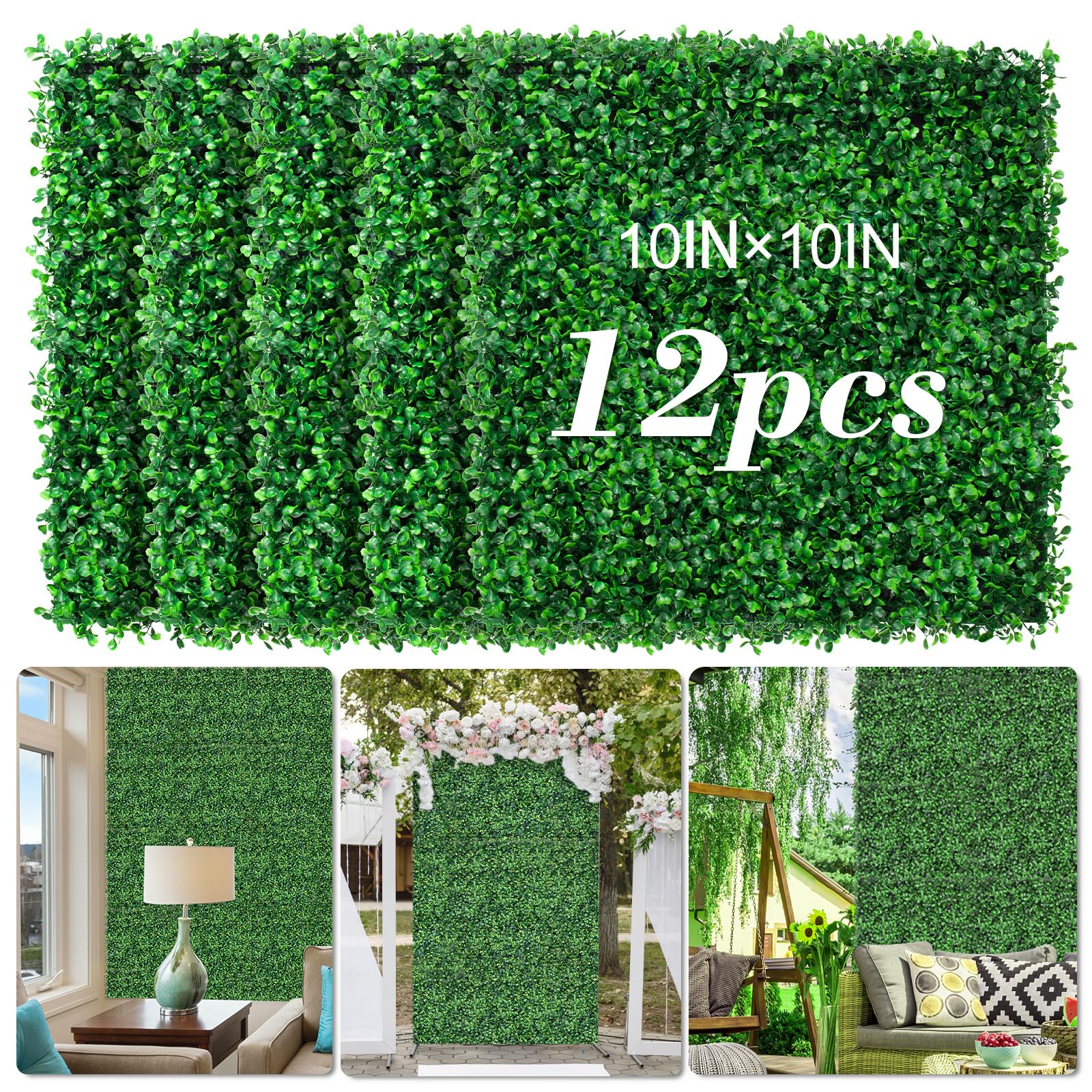 AOKIE 10"X10" Artificial Grass Wall, 12Pcs Boxwood Hedge Wall Panels UV ...