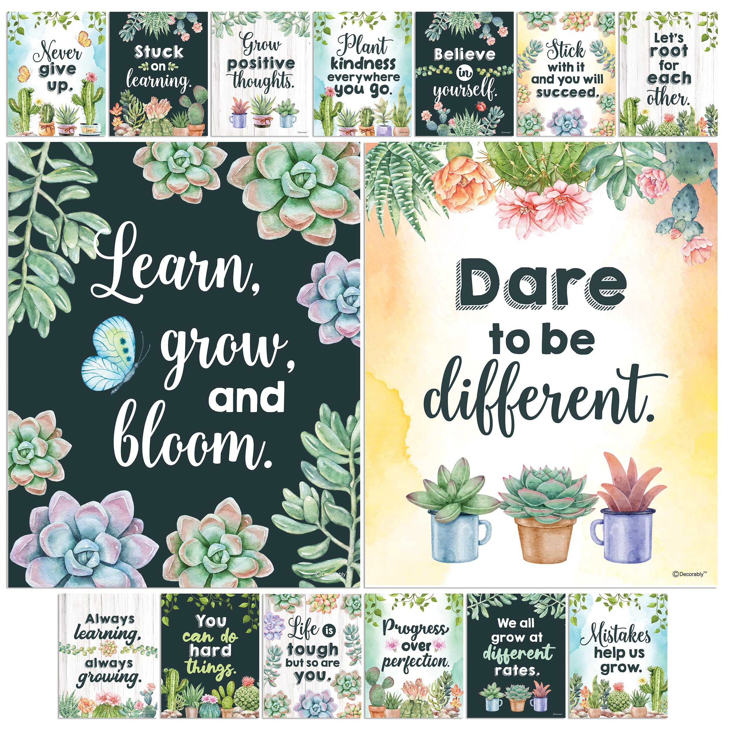 Decorably 15 Succulent Themed Cactus Classroom Decor, 11x14in Matte ...